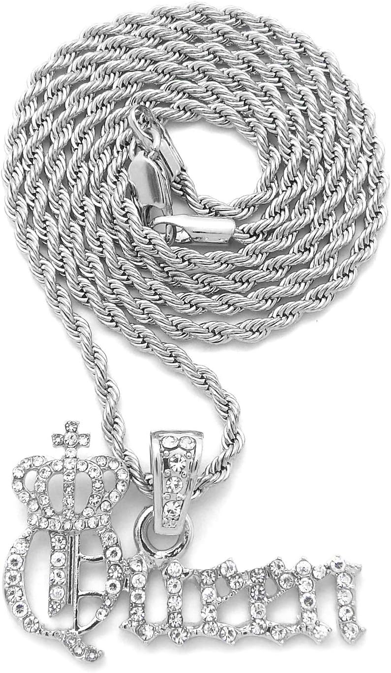 Hip Hop White Gold Plated Women's Iced Crowned Queen Pendant & 3mm 24 ...