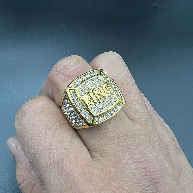 Hip Hop full rhinestone 14K Yellow Gold King Finger Rings for Men ...