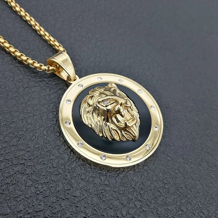 Hip Hop round Lion Necklace 14K Yellow Gold Punk Animal Lion Head ...