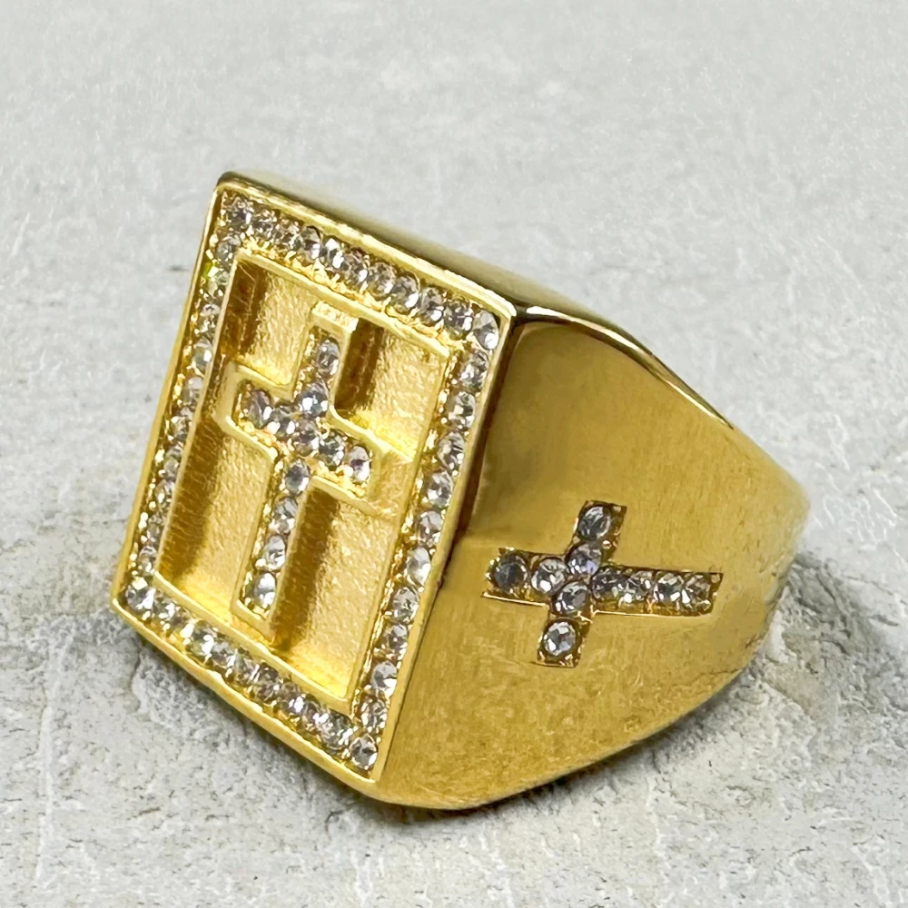 Hip hop Punk Christ Cross Chunky Ring luxury for Men Women 14K Yellow ...