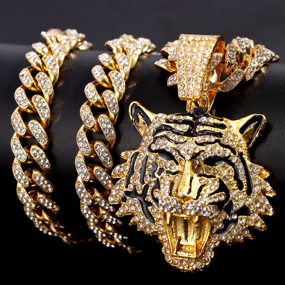 HipHop Tiger Pendant Necklace for Men Women Iced Out Cuban Link Chains ...