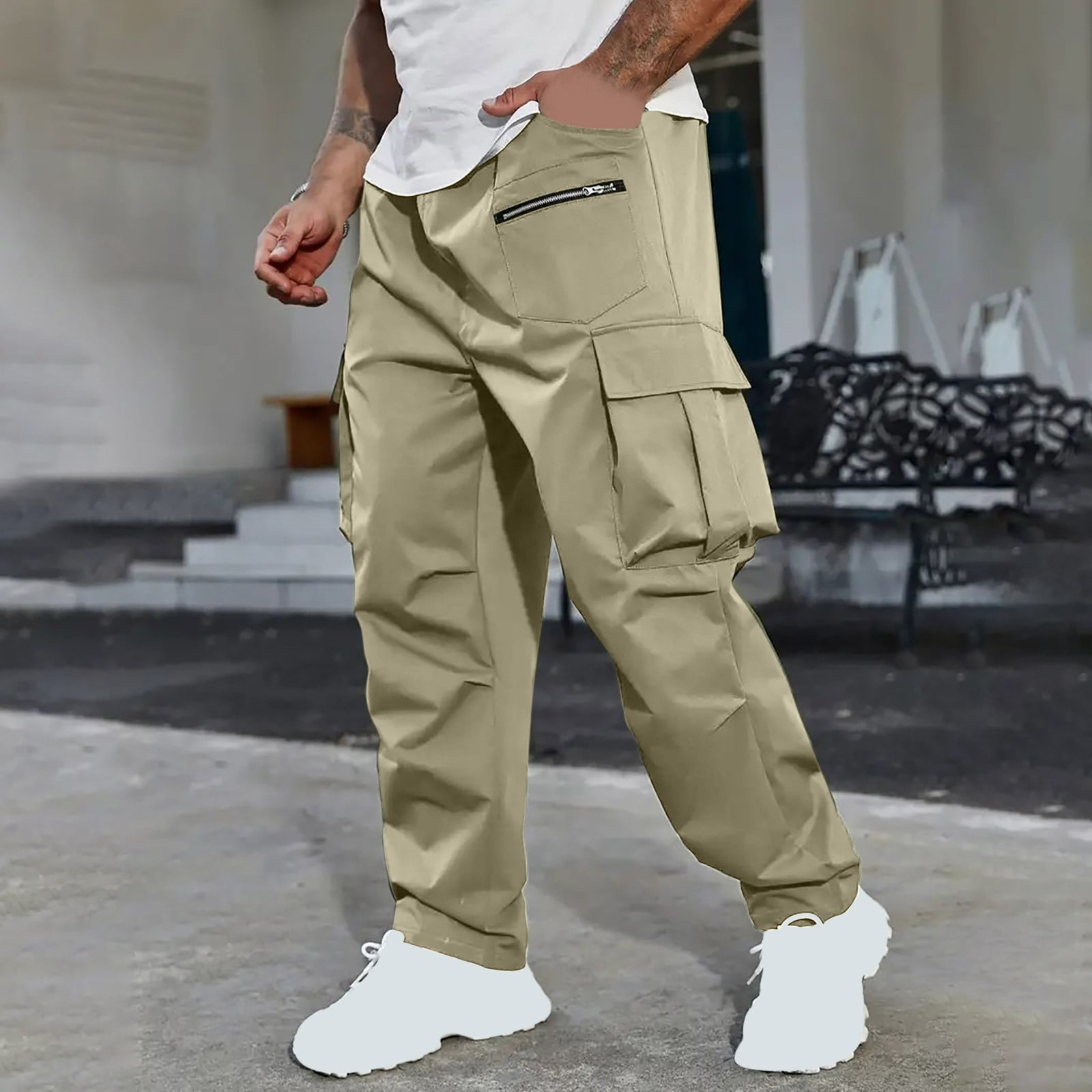Elvqul Cargo Pants for Men Elastic Waist Baggy with Pockets Mens Cargo ...