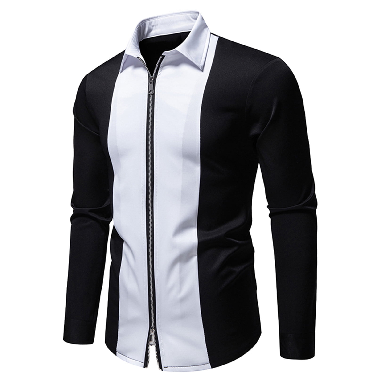 Elvqul Formal Shirts for Men Long Sleeve Black Collar Zip up Mens ...