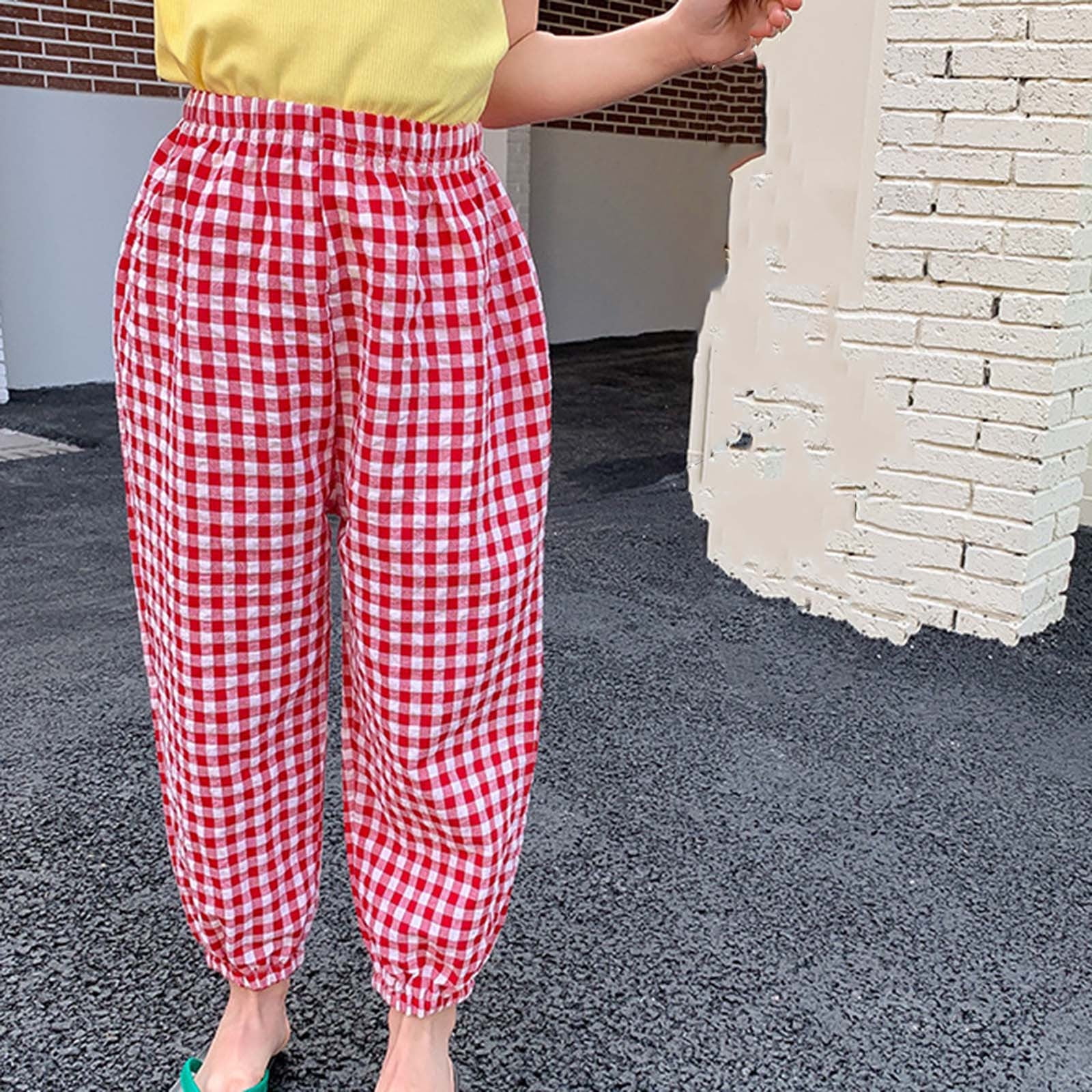 Hipattires Girls Pants for Kids Red Plaid Cotton Sweatpants Wide Leg ...