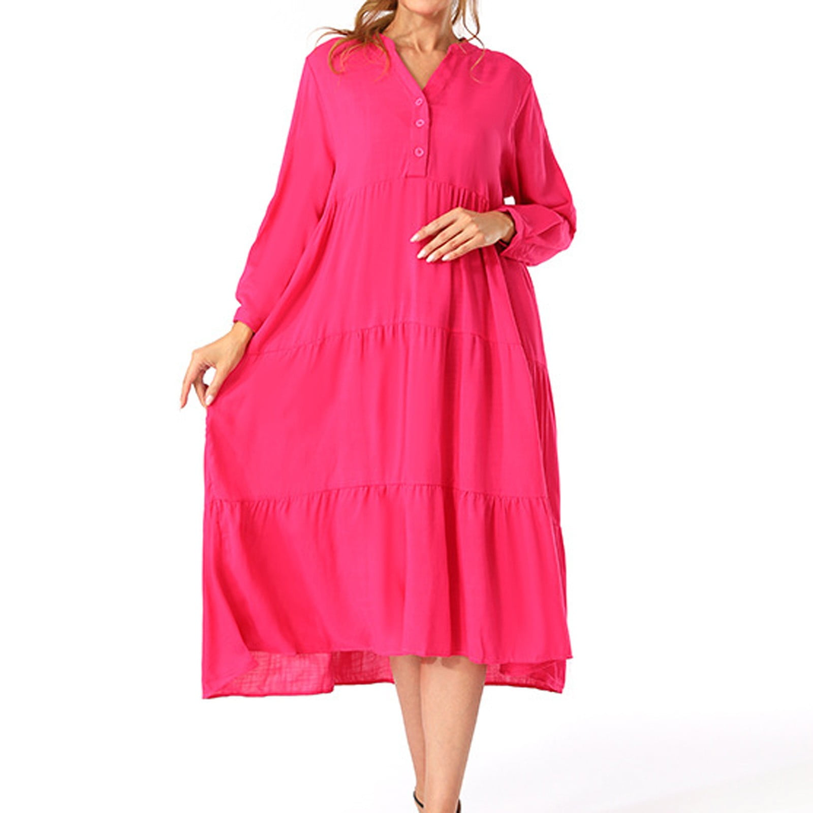 Hipattires Long Sleeve Dresses Women Plain A-line V-Neck Midi Dresses Pullover Comfortable Pink ...