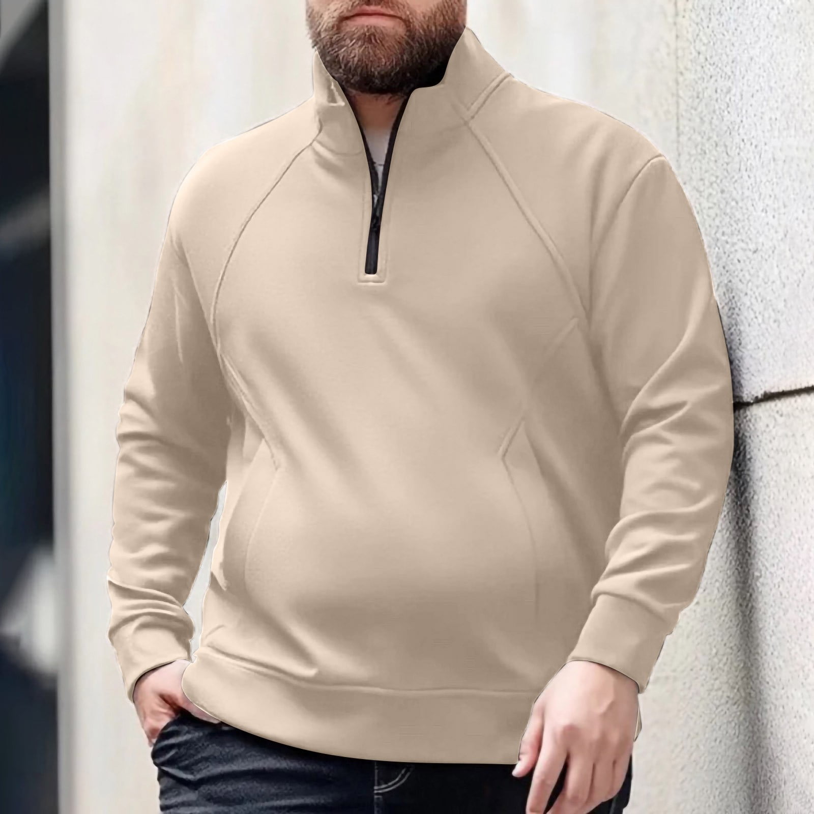 Elvqul Sweatshirts for Men with Pockets Plain Crew Neck Khaki Zip Long ...