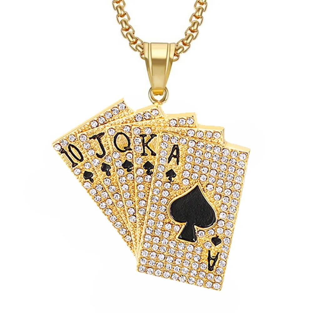 Hiphop Iced Out Playing Card Straight Flush Pendant With 14K Yellow ...