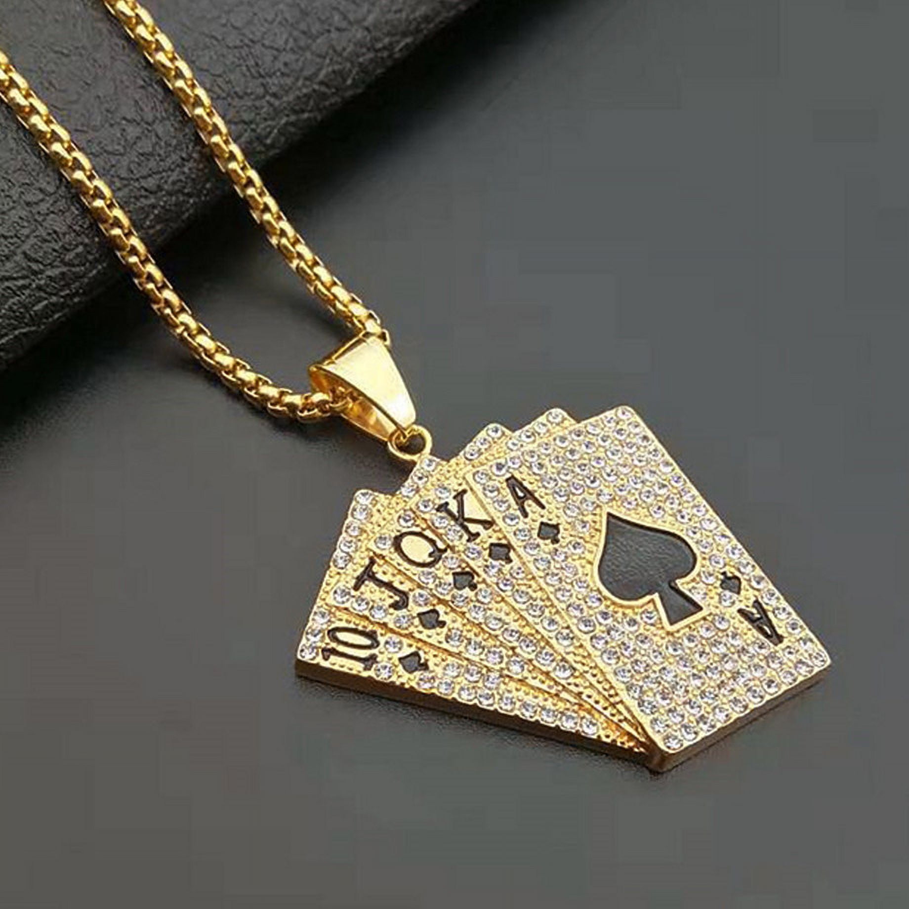 Hiphop Iced Out Playing Card Straight Flush Pendant With 14K Yellow ...