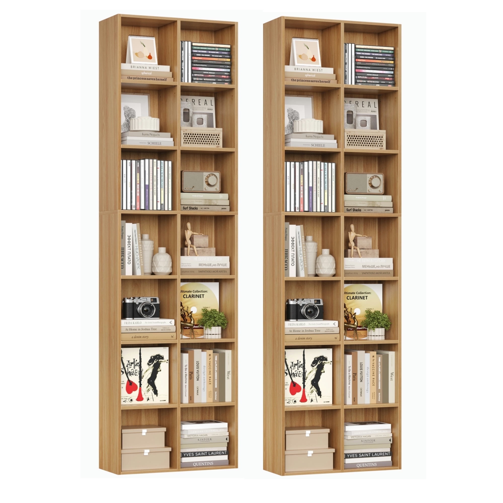 Hiphuta 2PCS Double 7-Tier Media Tower Rack, Tall Narrow Bookcase ...