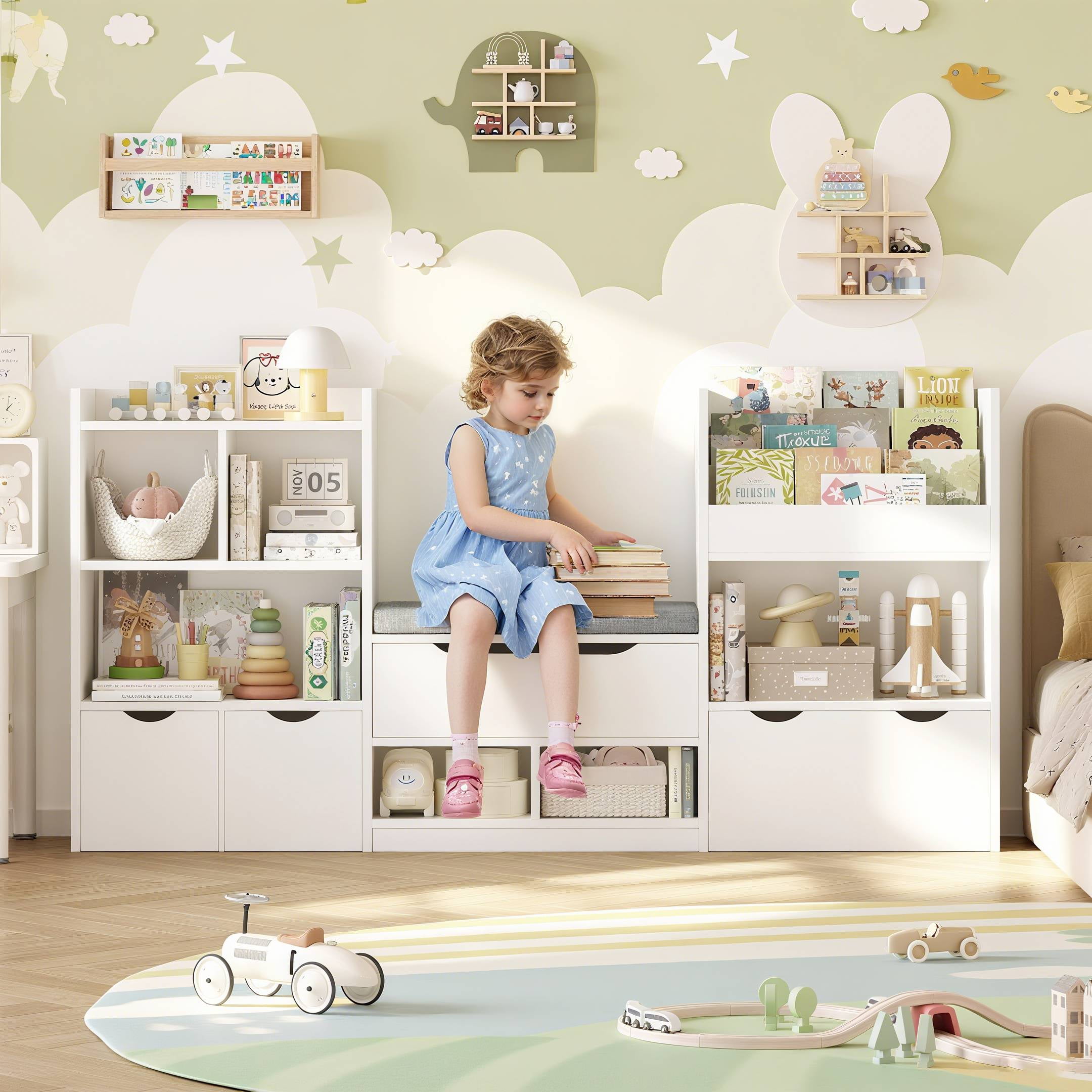 Hiphuta 72"Wide Kids Bookcase with Reading Nook and Under Bench Storage ...