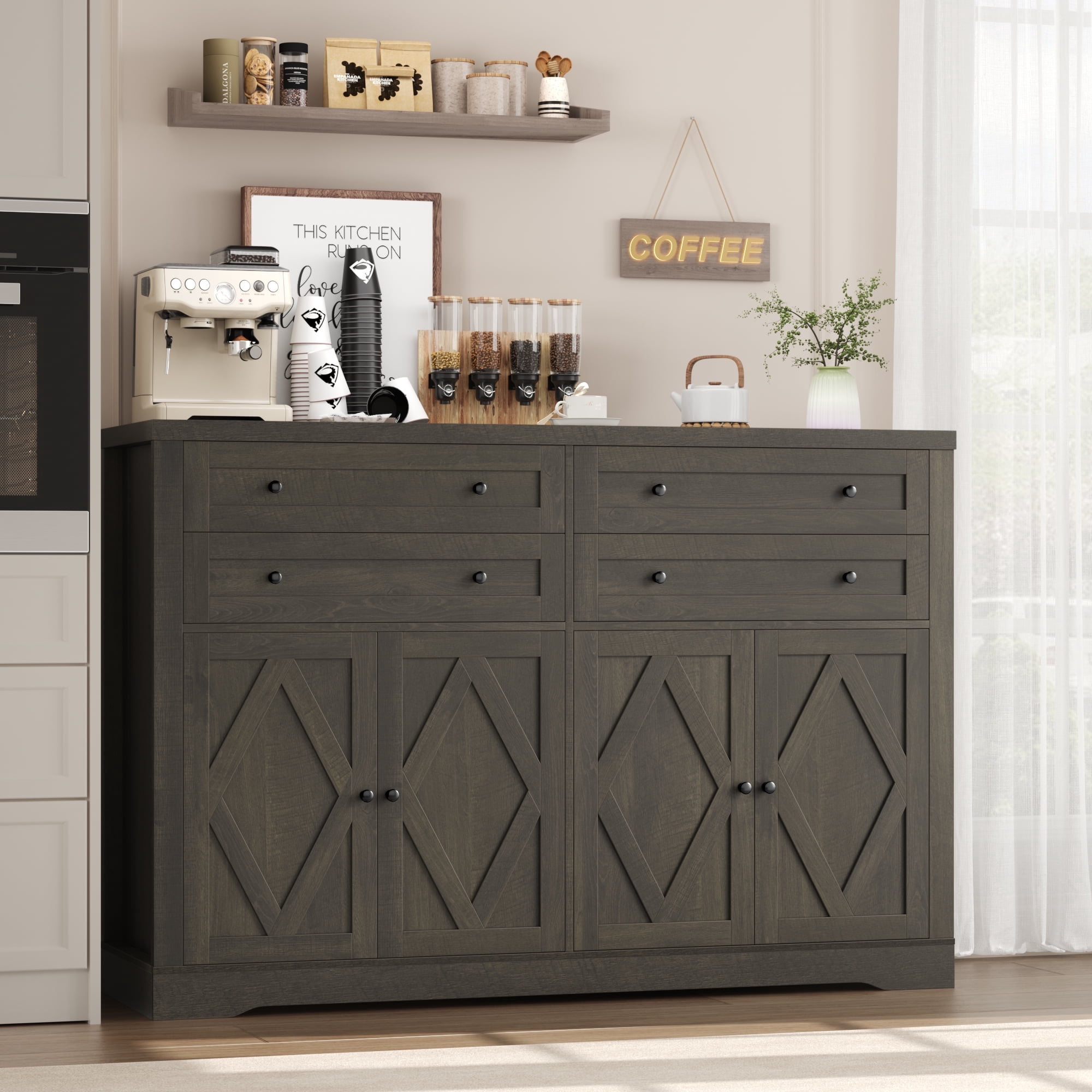 Hiphuta 55" Wide Farmhouse Buffet Storage Cabinets with 2 Adjustable ...