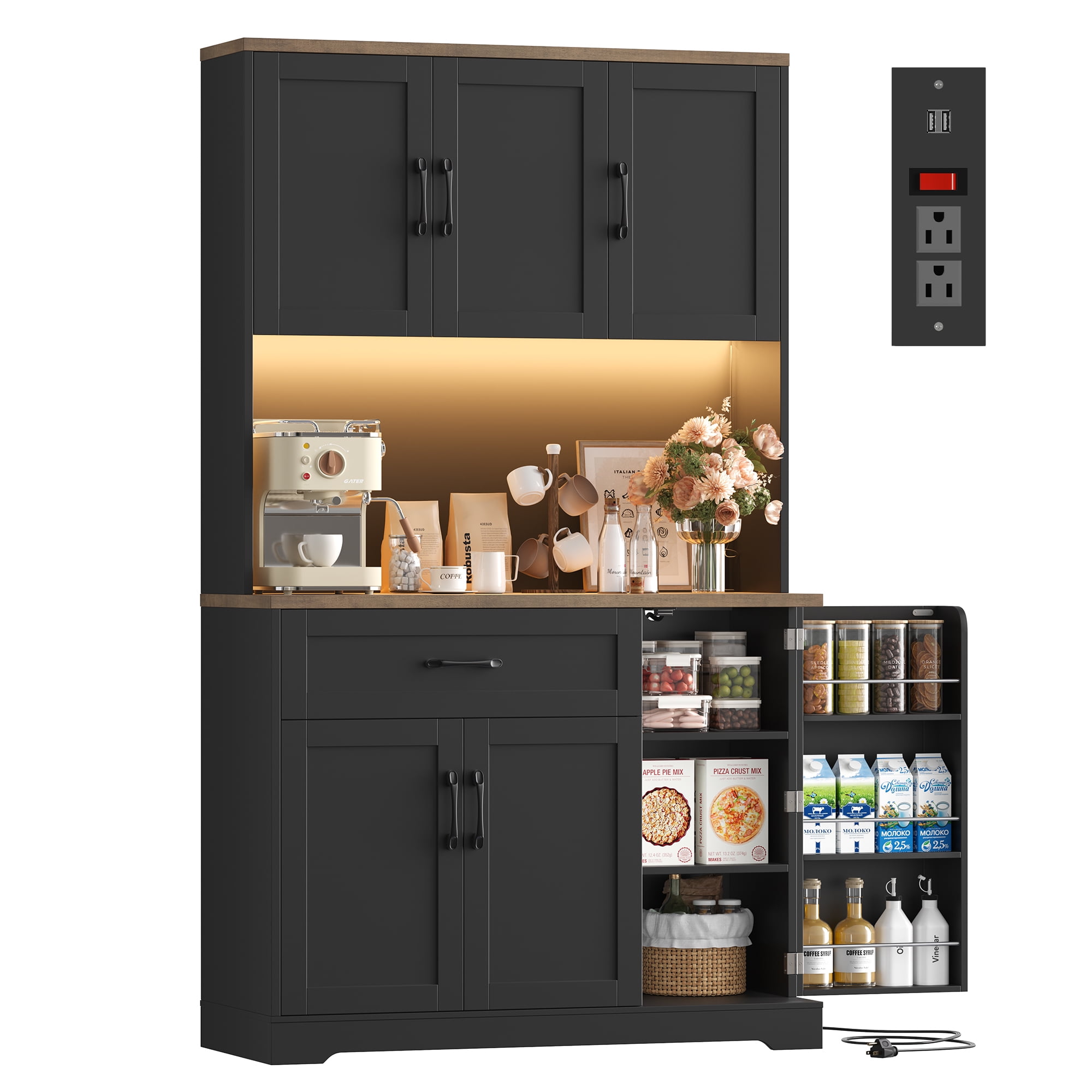 Hiphuta 71”Tall Modern Pantry Cabinet with Power Outlet & LED ...