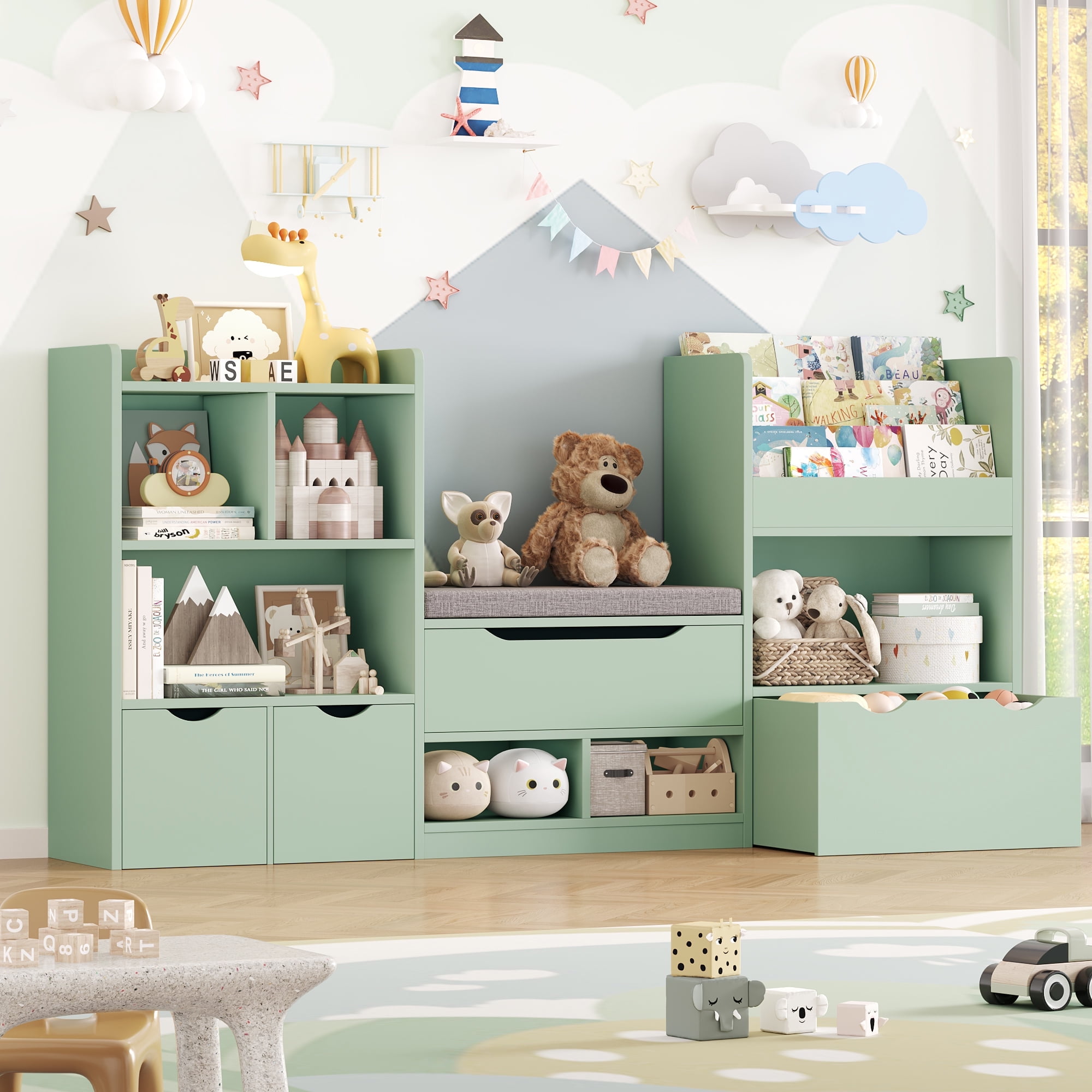 Hiphuta 72"Wide Kids Bookcase with Reading Nook and Under Bench Storage ...