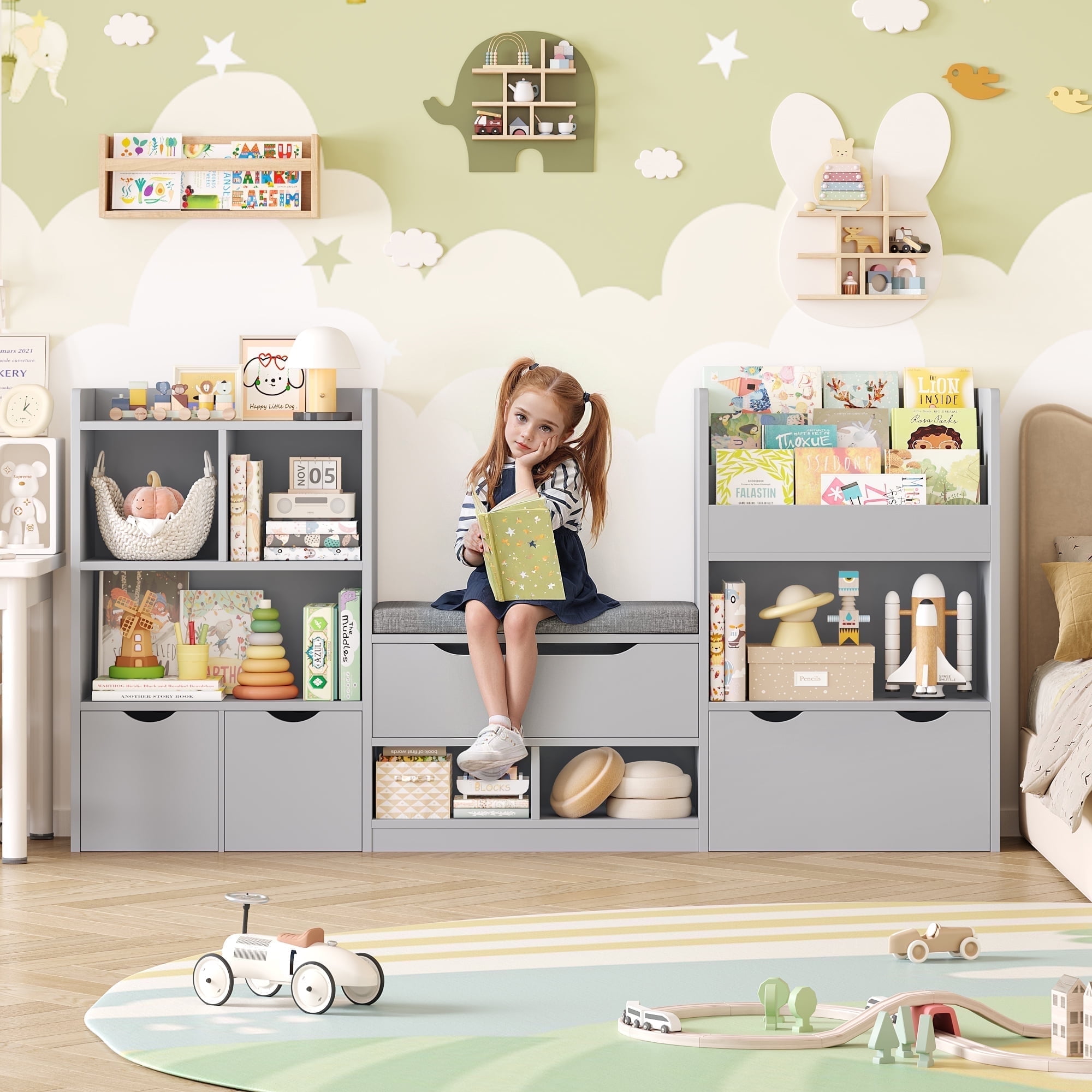 Hiphuta 72"Wide Kids Bookcase with Reading Nook and Under Bench Storage ...
