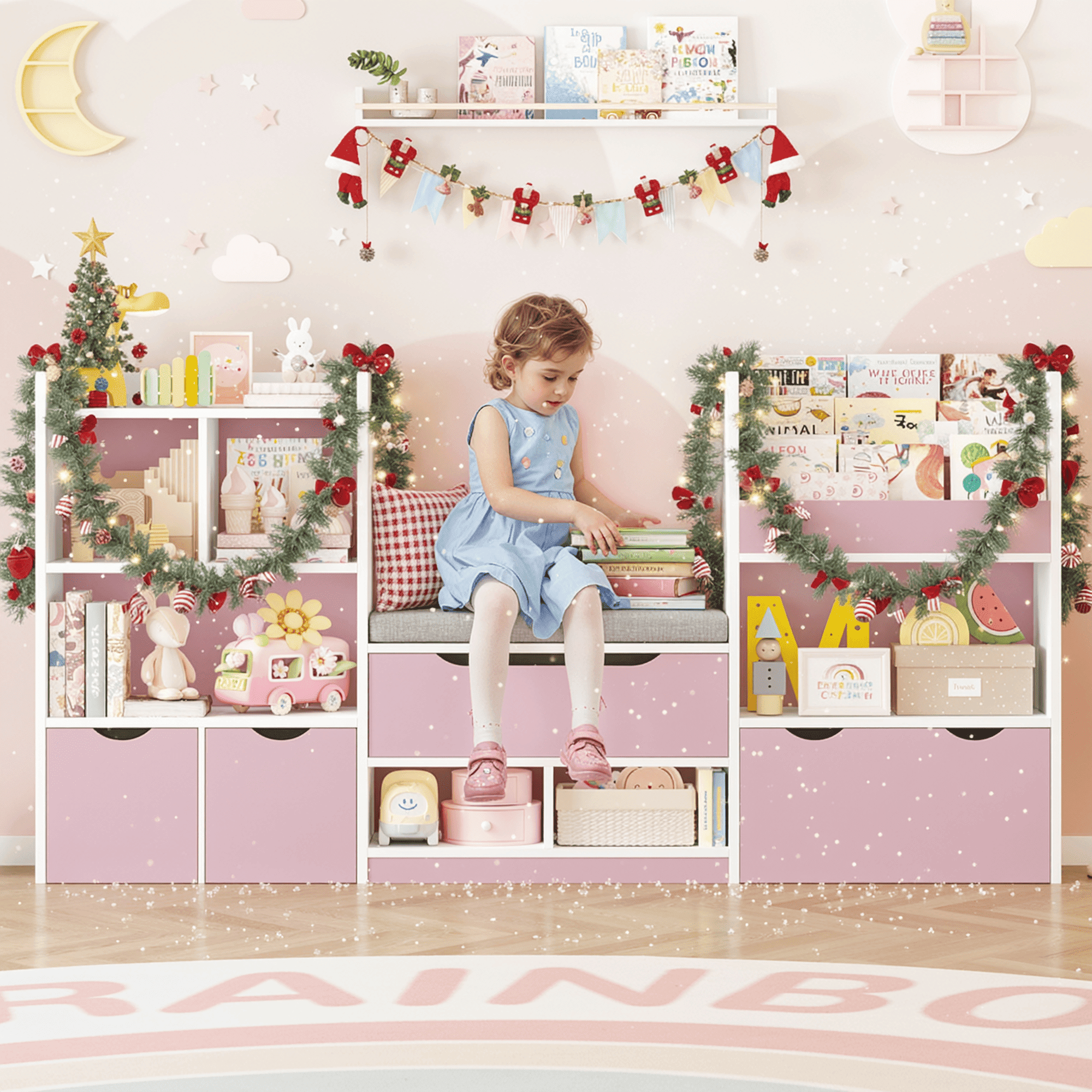 Hiphuta 72"Wide Kids Bookcase with Reading Nook and Under Bench Storage ...