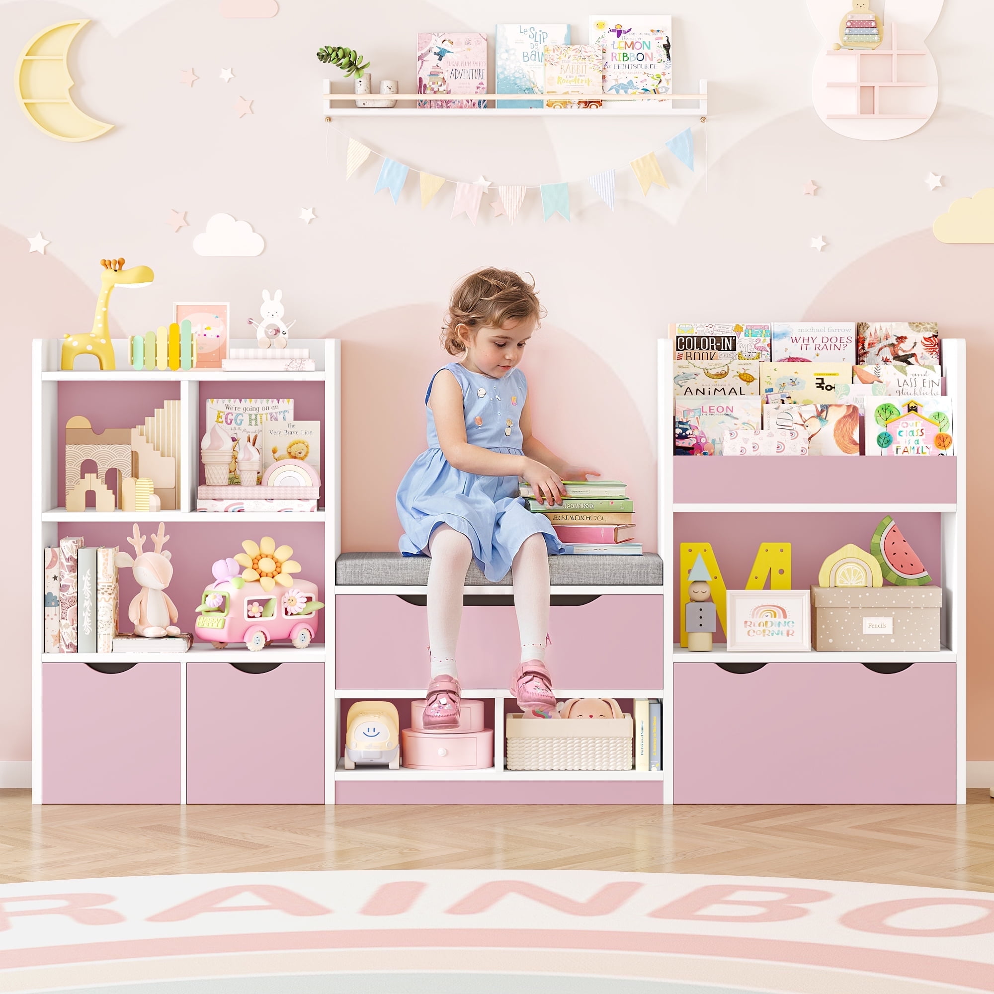 Hiphuta 72"Wide Kids Bookshelf with Reading Nook and Under Bench ...