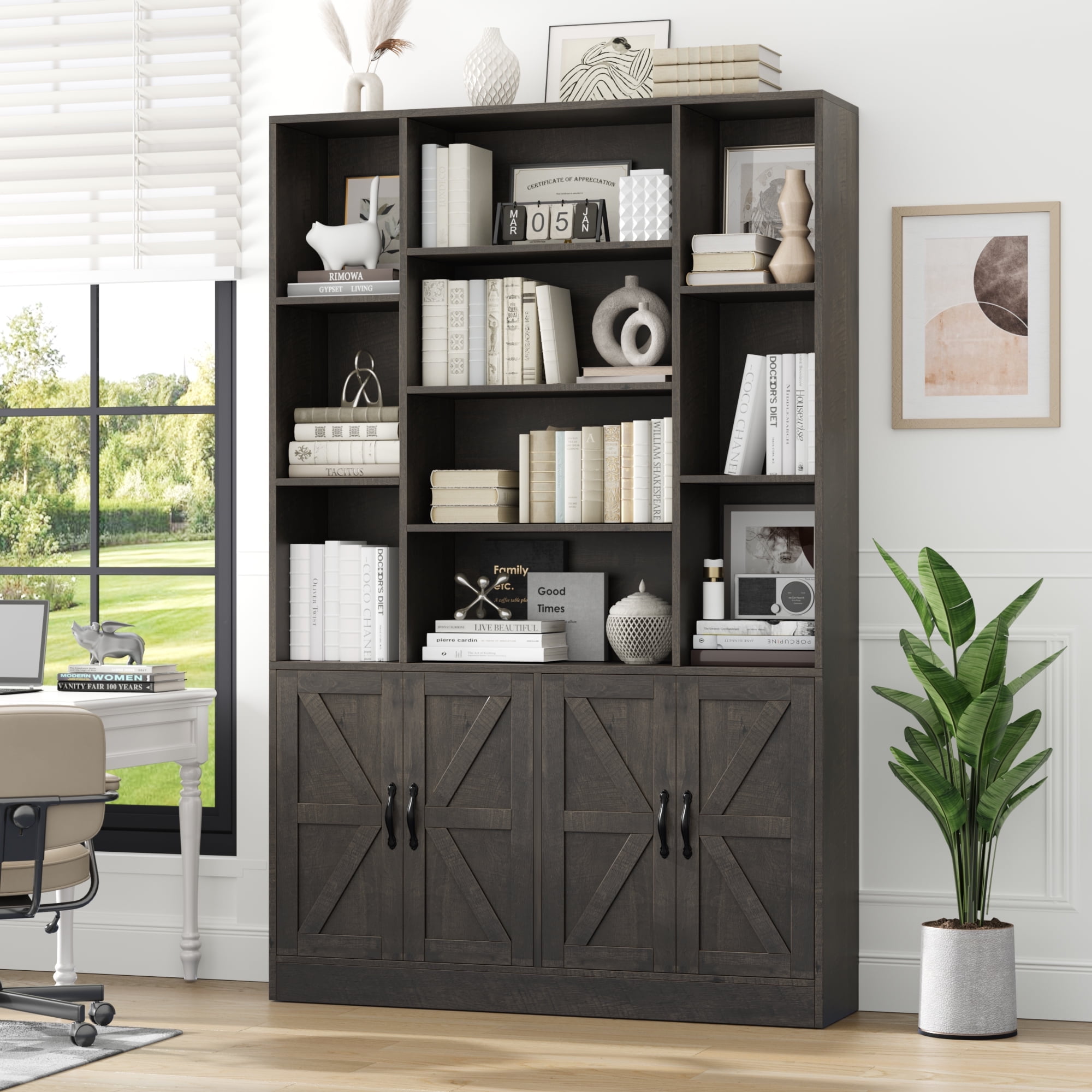 Hiphuta 75" Tall Modern Bookcases with 2 Double Door Cabinet, 47"Wide ...