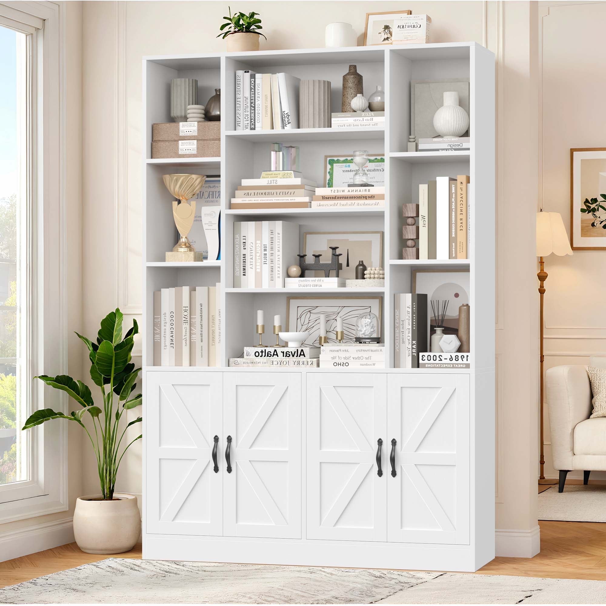 Hiphuta 75" Tall Modern Bookcases with 2 Double Door Cabinet, 47"Wide ...