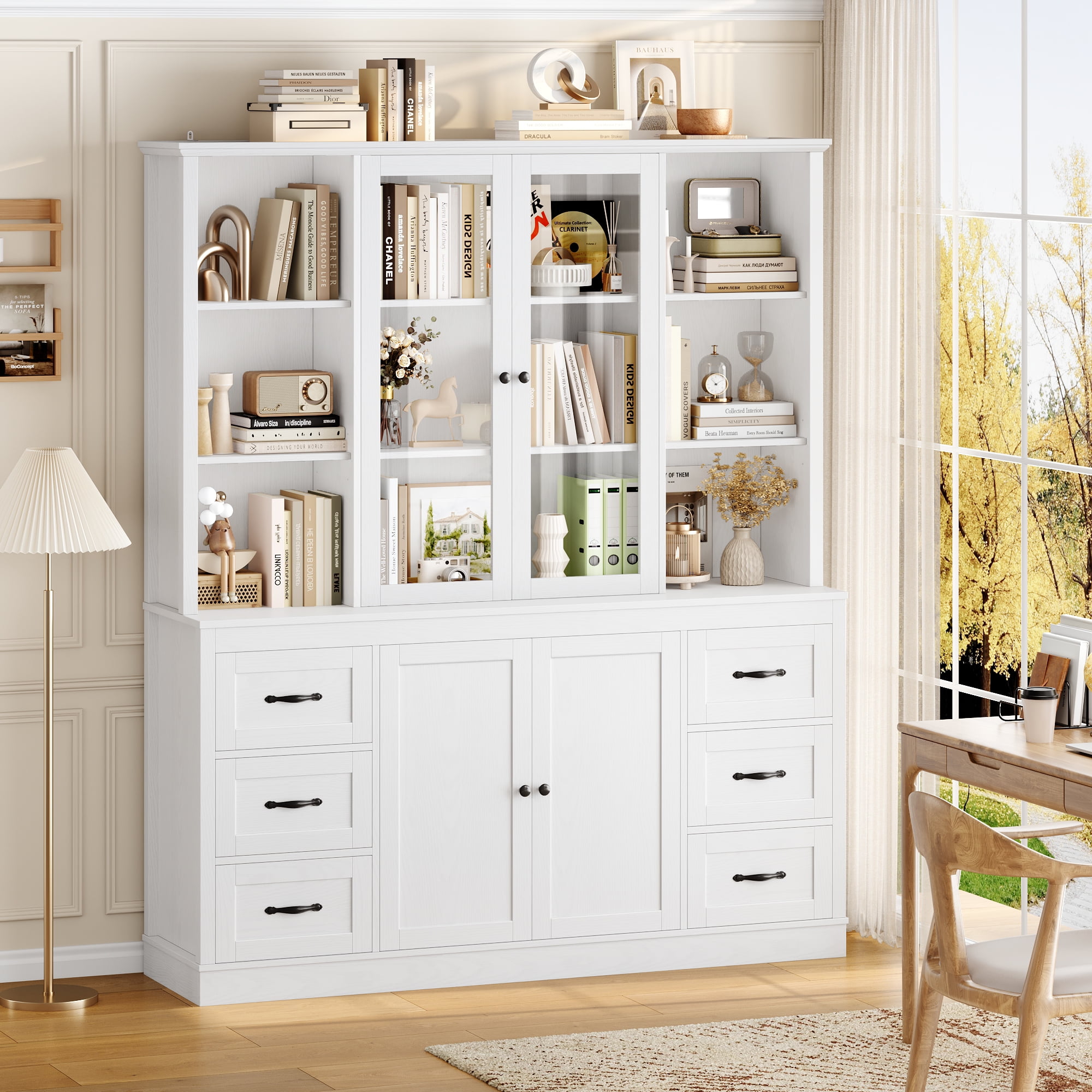 Hiphuta 74 in Tall Bookcase with 6 Drawers, Large Bookcase with Glass ...