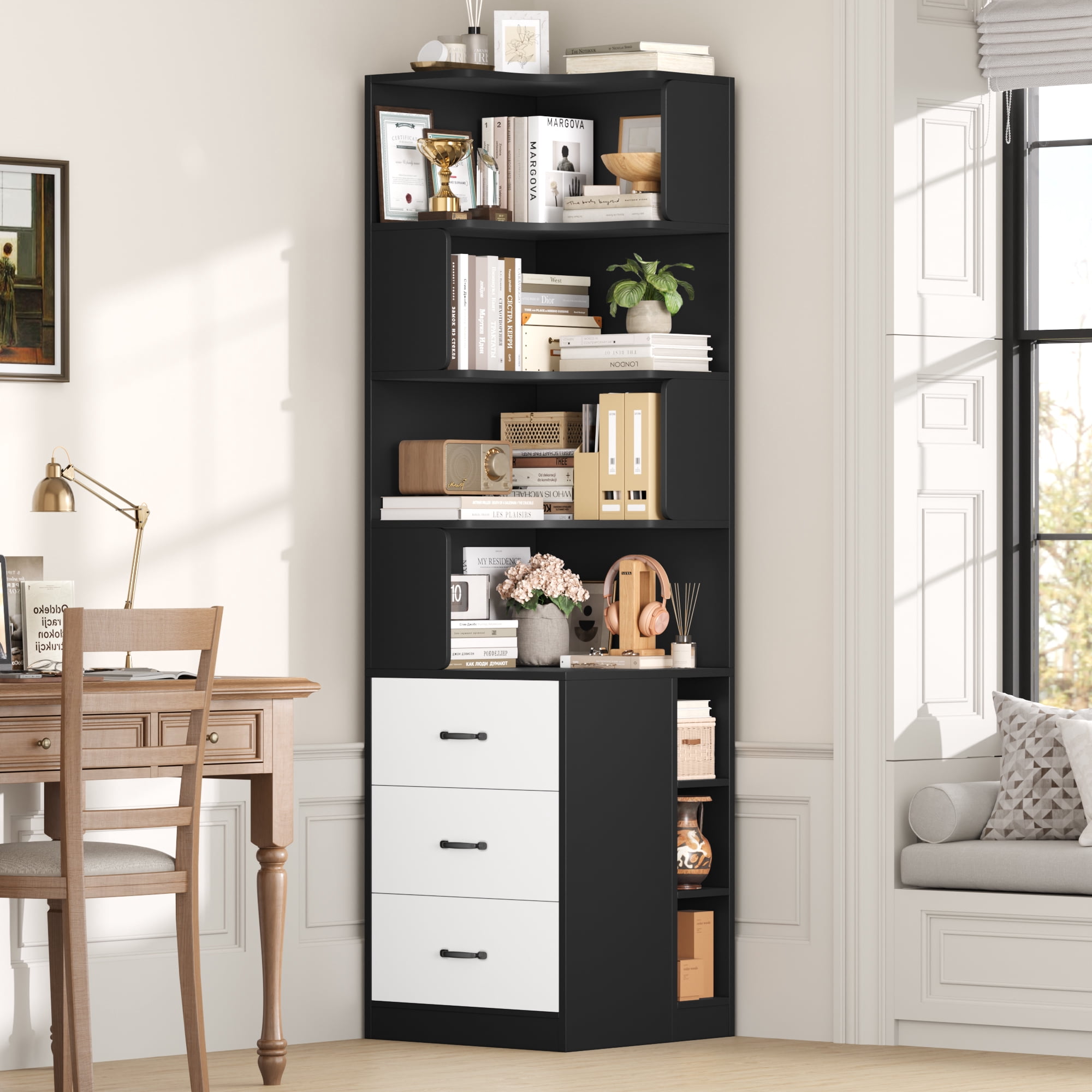 Hiphuta 77"Tall L-Shaped Corner Bookshelf with Drawers and Side Storage ...
