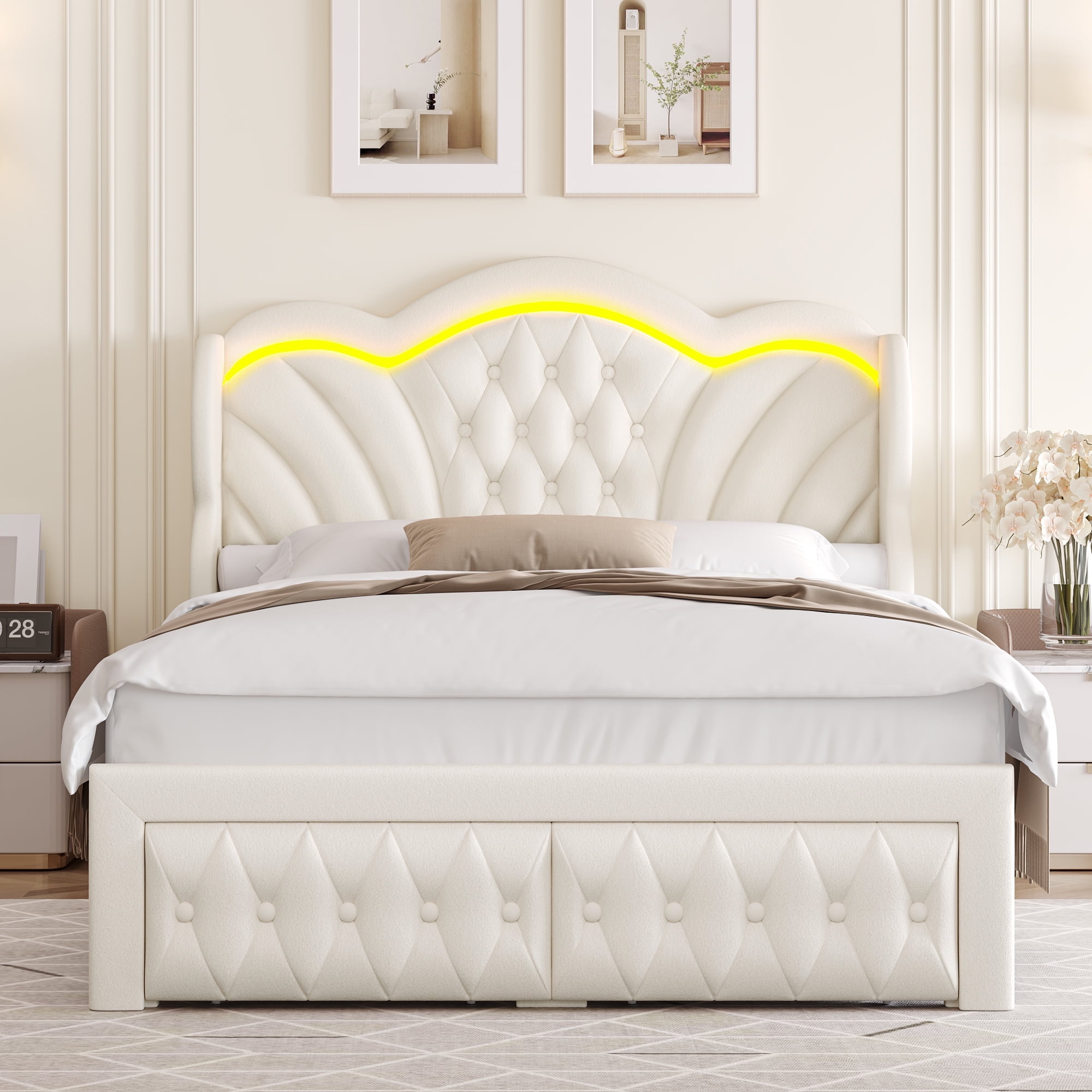 Hiphuta Modern Full Bed Frame with 2 Drawers, LED Lights Platform Bed ...