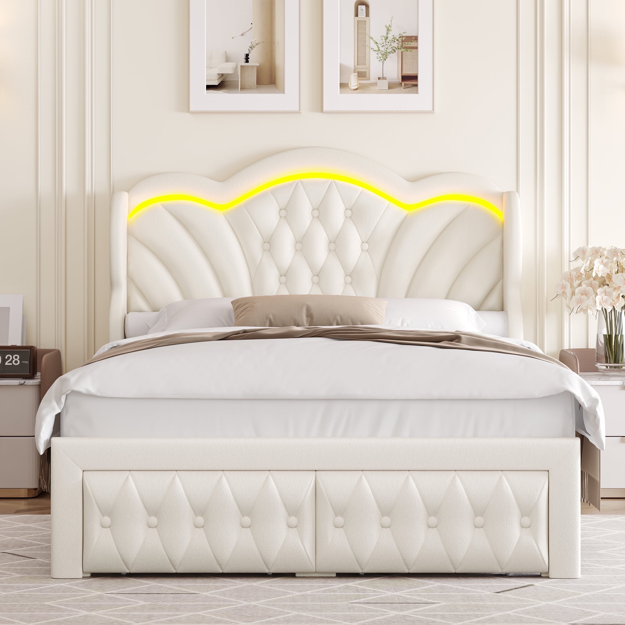 Hiphuta Modern Full Bed Frame with 2 Drawers, LED Lights Platform Bed ...