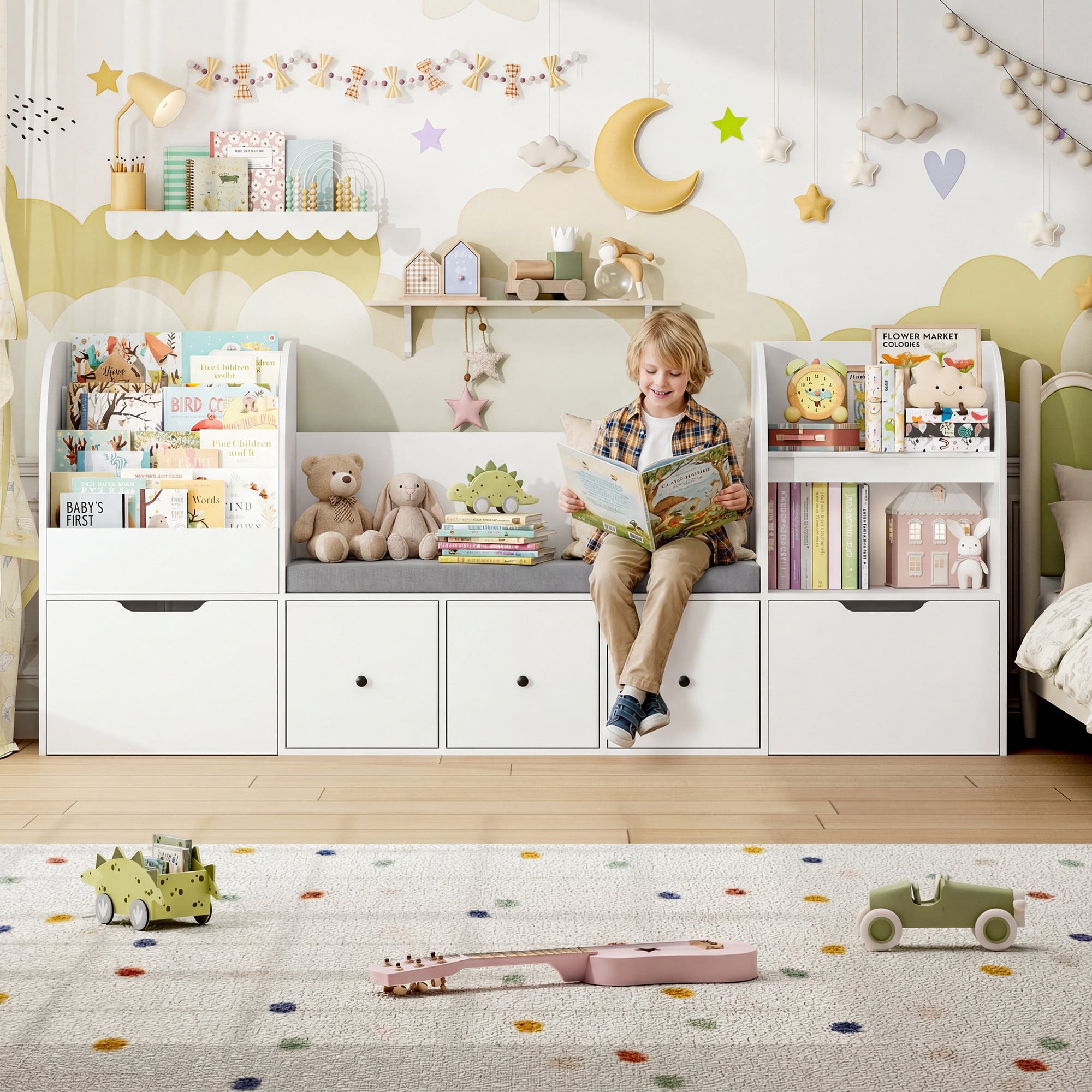 Hiphuta 71" Wide Kids Bookcase with Reading Nook, Large Toy Storage ...