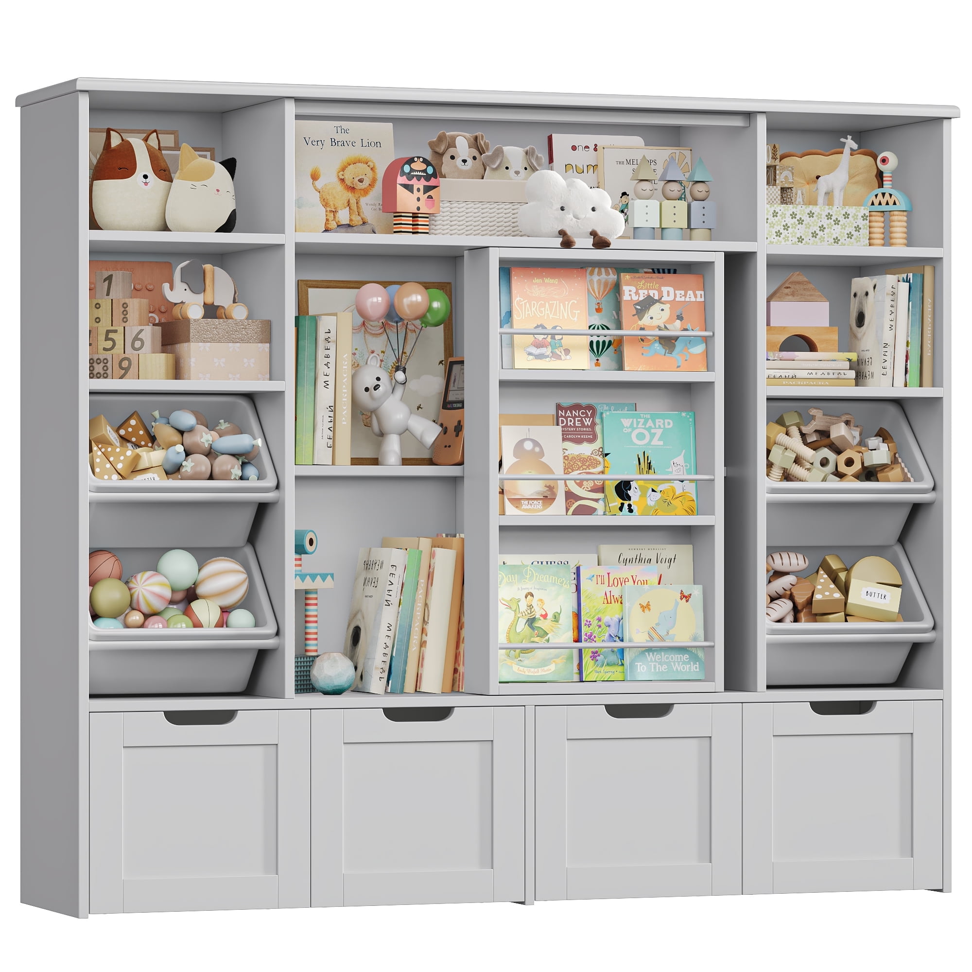 Hiphuta 55"W Kid Toy Storage Organize with Sliding Bookshelf, Kid ...