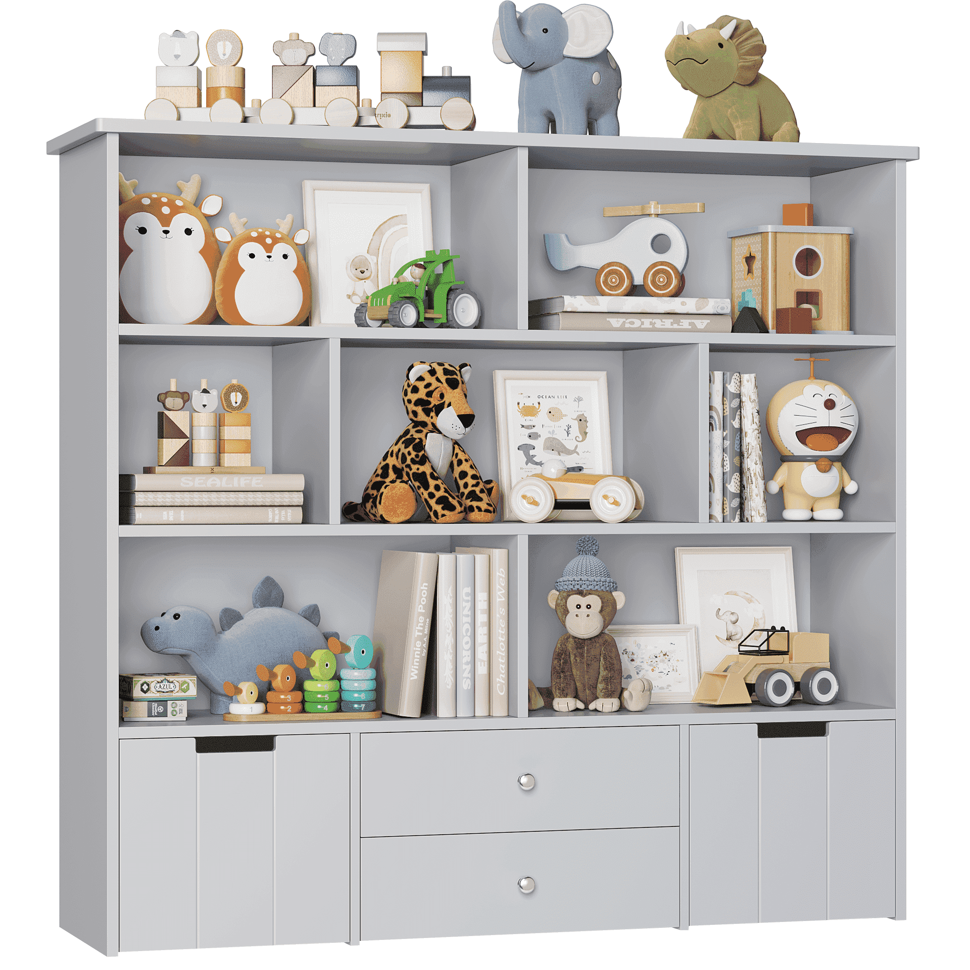 Hiphuta Kids Bookcase Toy Storage Organizer, Wood Toy Cabinet of 7 ...