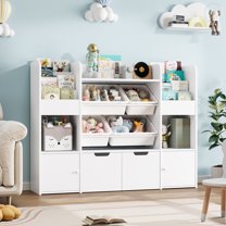UTEX Kids Toy Box and Bookshelf Combo, Wooden Children's Playroom ...