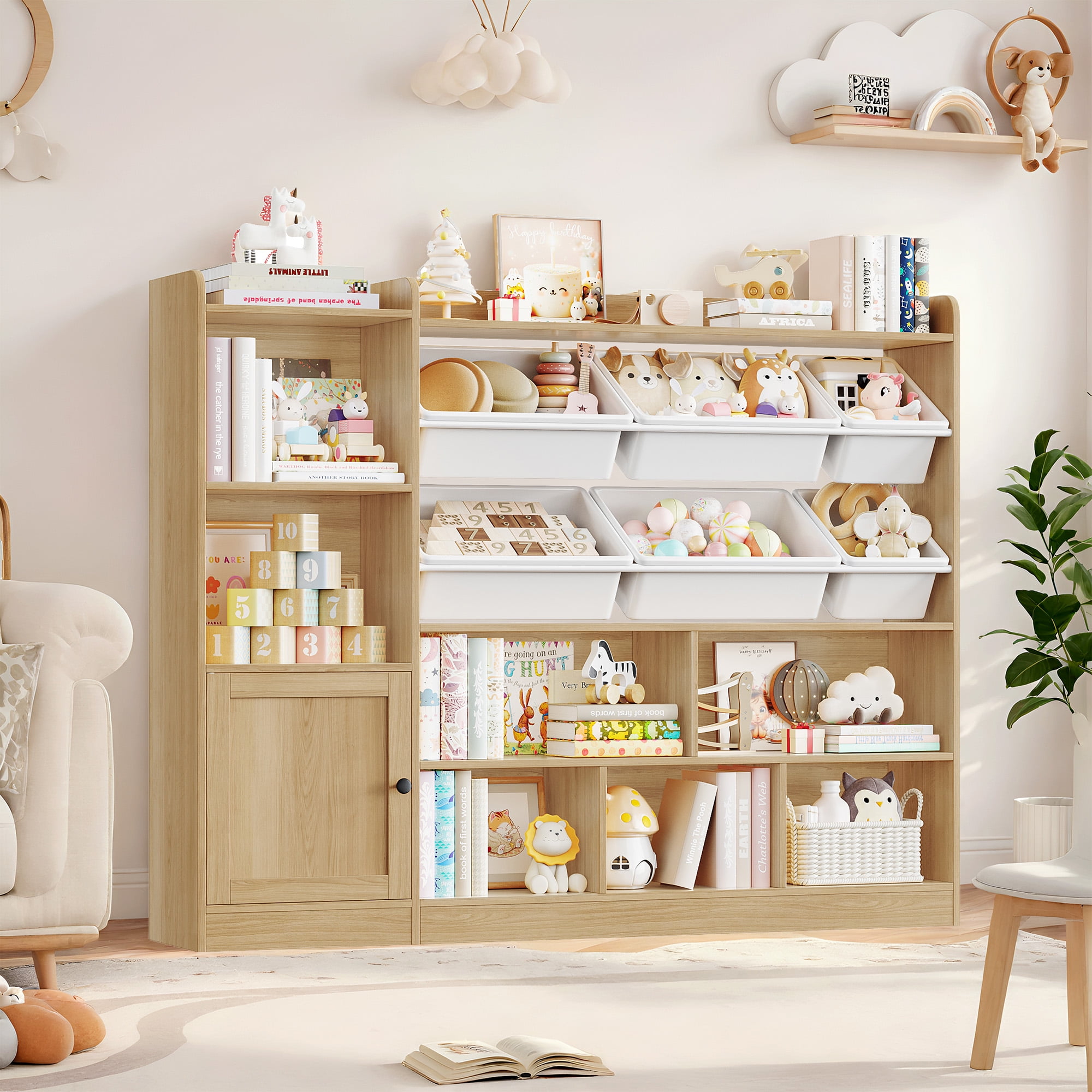 Hiphuta 55"In Kids Bookcase with Toy Storage Organizer, Wood Cube ...