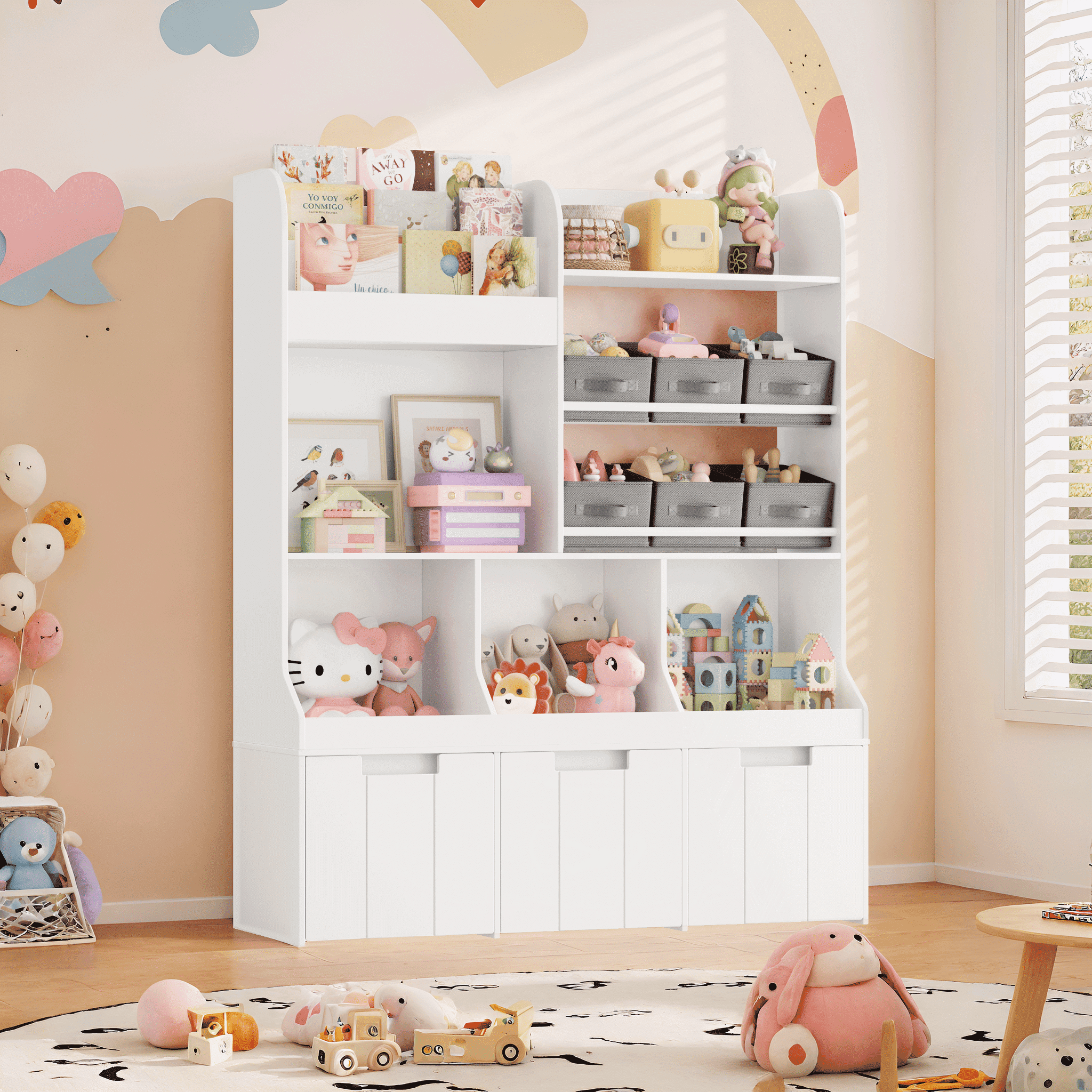 Hiphuta 50"H Kids Bookcase with Toy Storage Organizer with 6 Fabric ...
