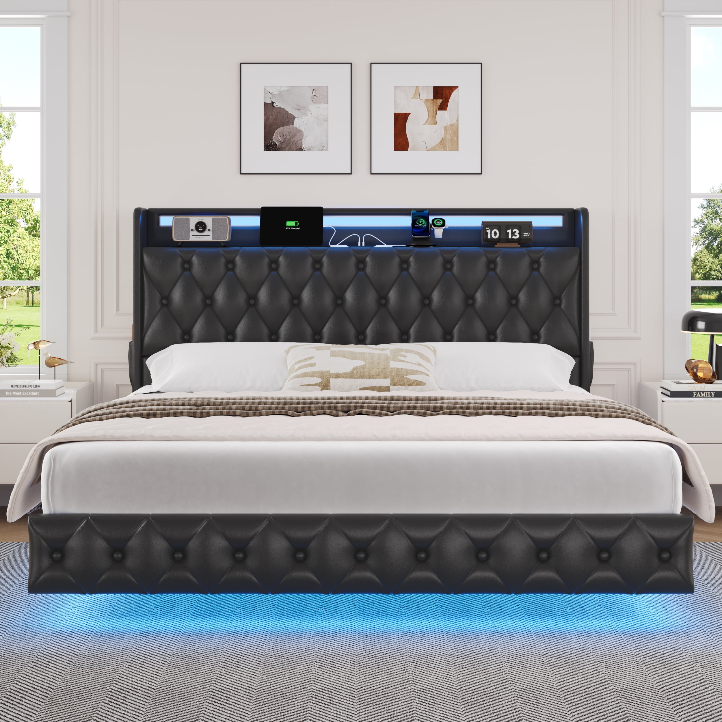 Hiphuta King Size Floating Bed with LED Lights, Faux PU Leather ...