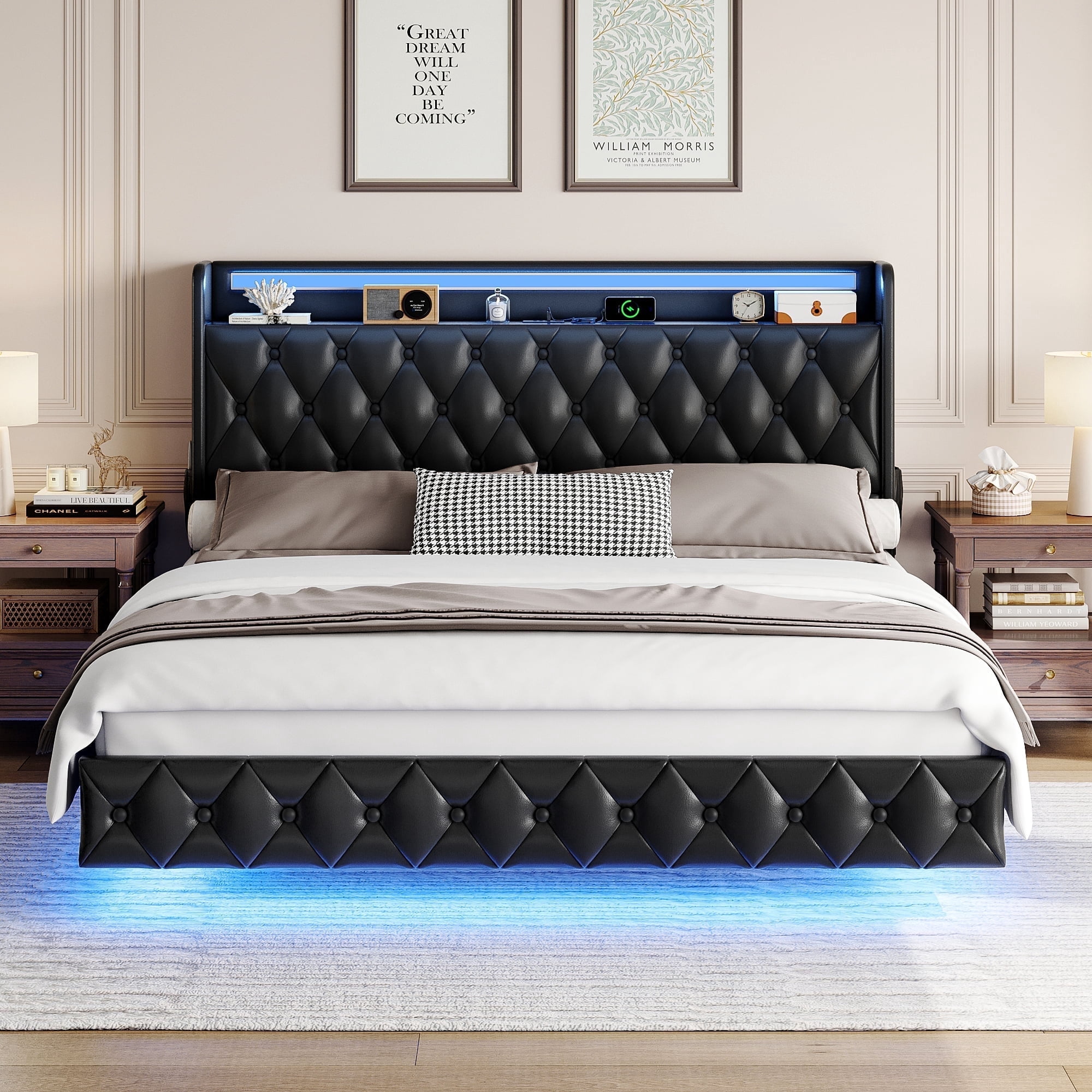 Hiphuta King Size Floating Bed with LED Lights, Faux PU Leather ...