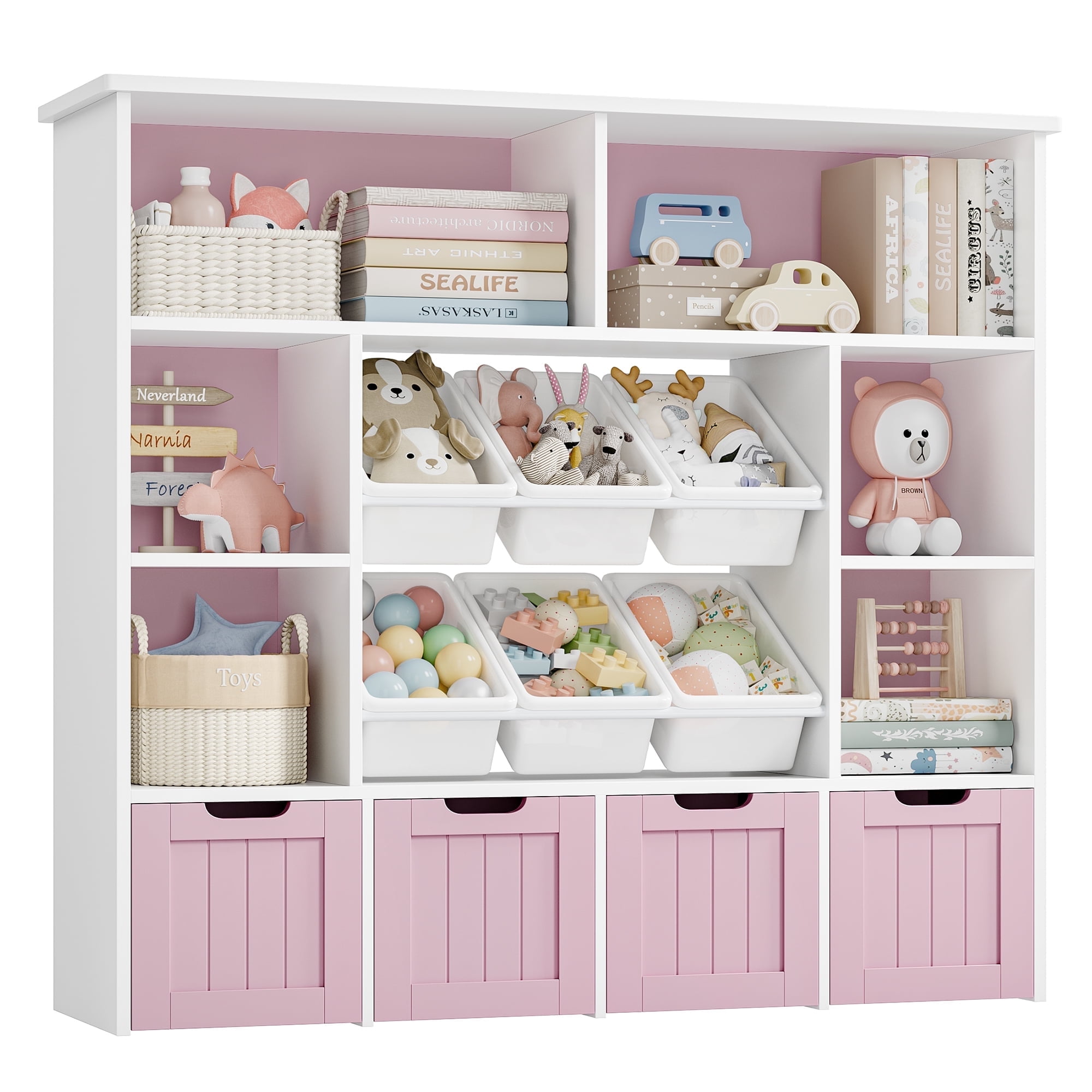 Hiphuta Large 4 Tier Kids Bookcase, Wood Toy Organizer of 6 Boxes & 4 ...