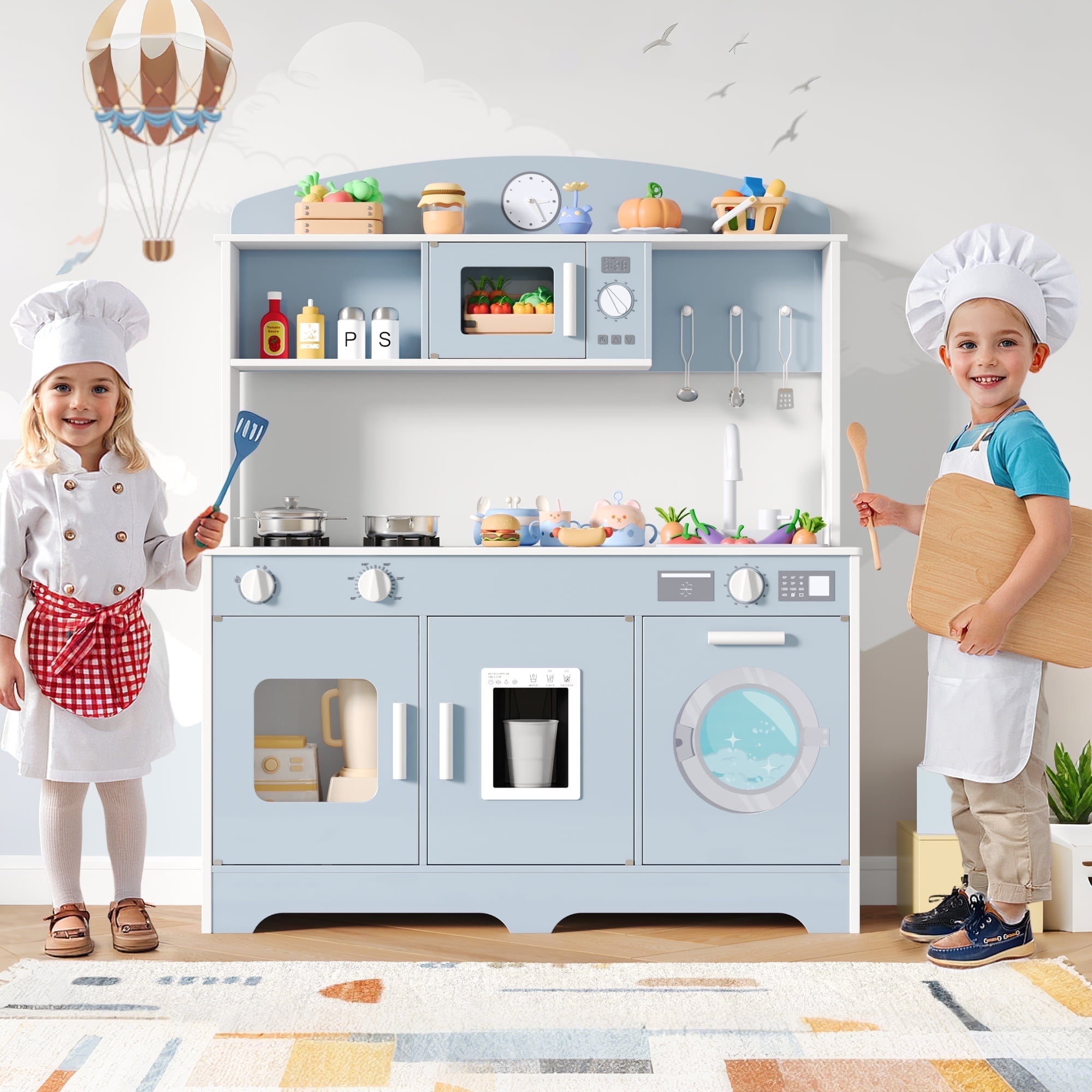 Hiphuta Play Kitchen for Kids, Wooden Kids Kitchen Playset with Plenty ...
