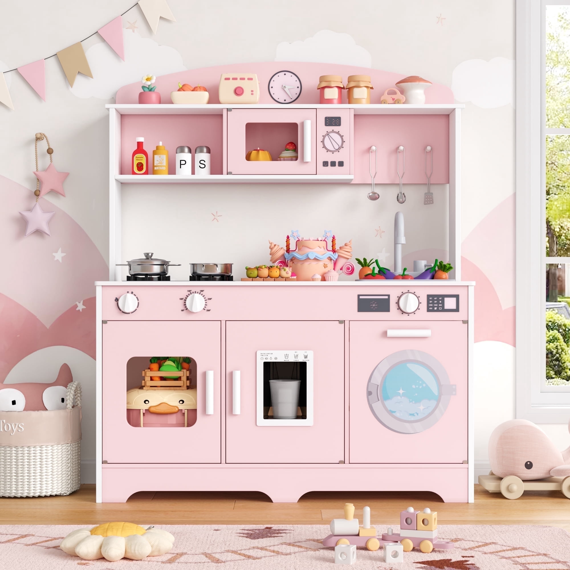 Hiphuta Play Kitchen for Kids, Wooden Kids Kitchen Playset with Plenty ...