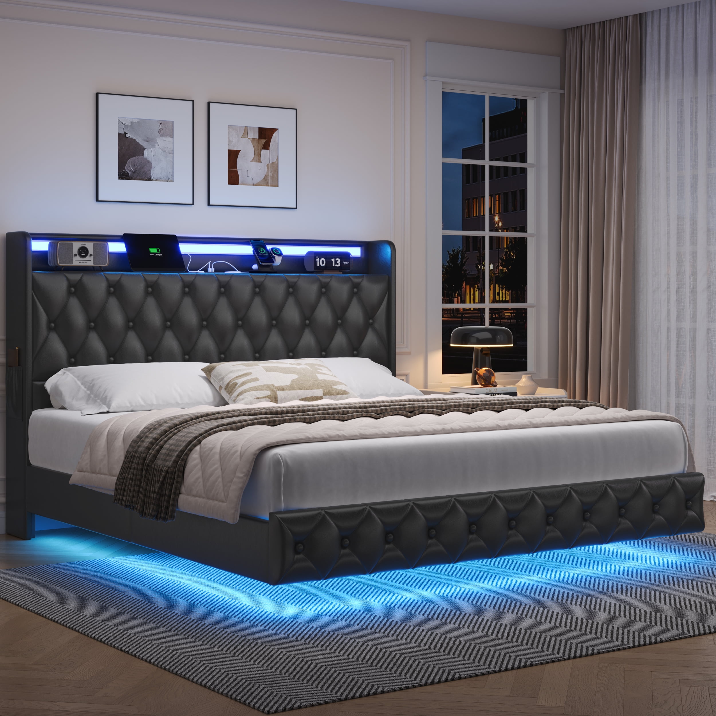 Hiphuta Queen Size Floating Bed with LED Lights, Faux PU Leather ...
