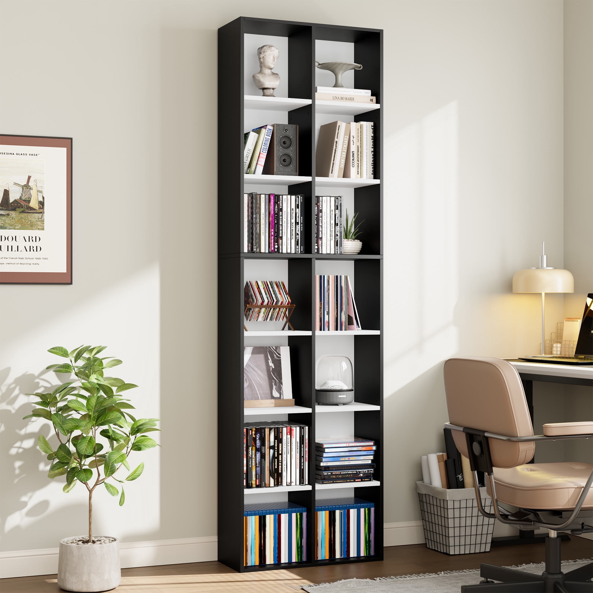 Hiphuta Double 7-Tier Media Tower Rack, Tall Narrow Bookcase Display ...
