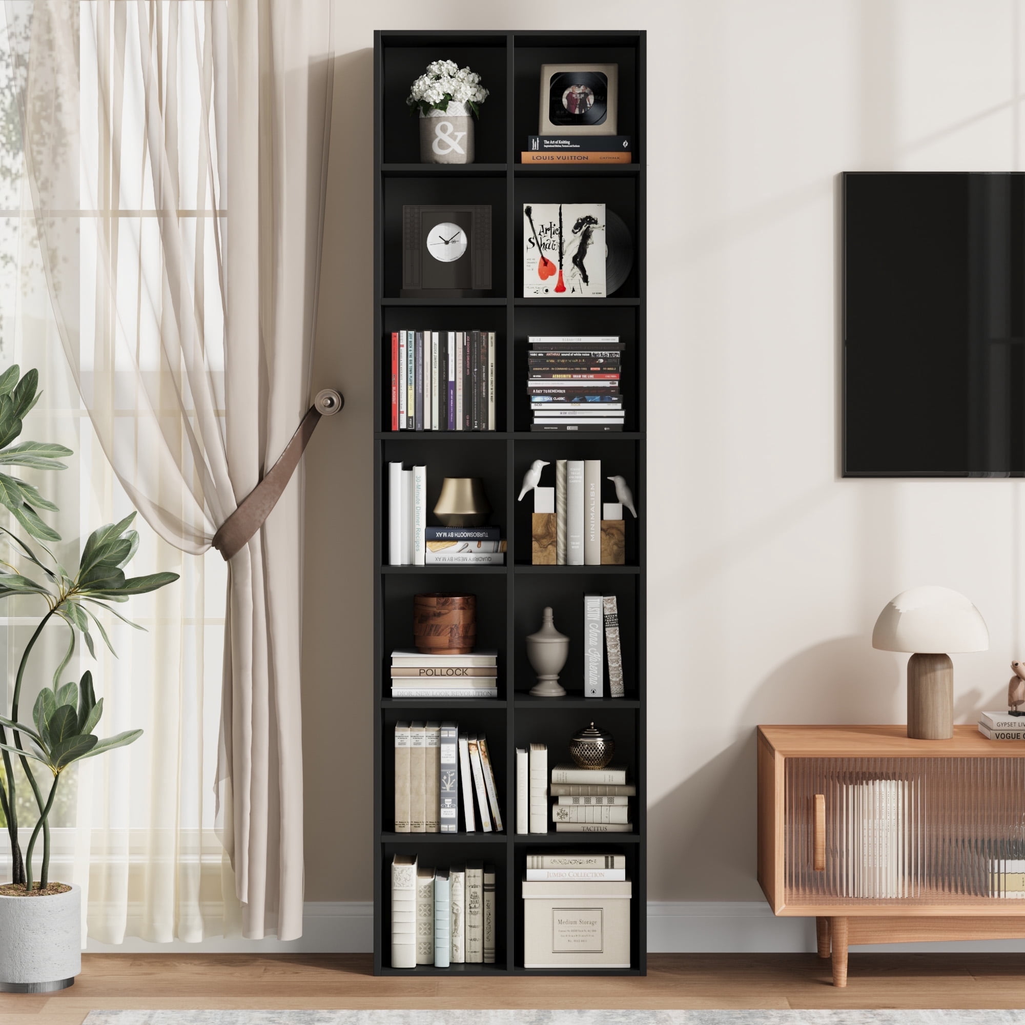 Hiphuta Double 7-Tier Media Tower Rack, Tall Narrow Bookcase Display ...