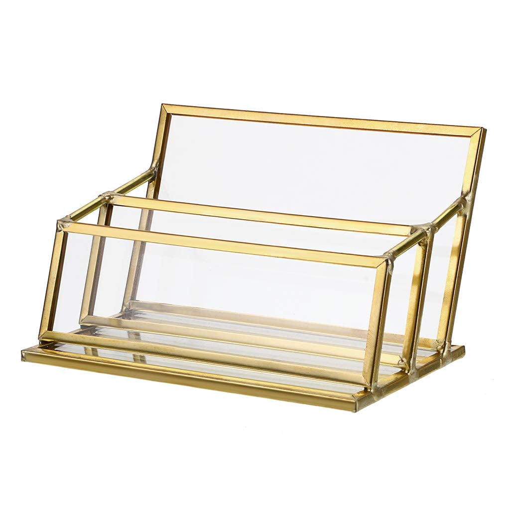 Hipiwe 2 Slots Glass Business Card Holder Stand - Gold Metal Frame Name ...