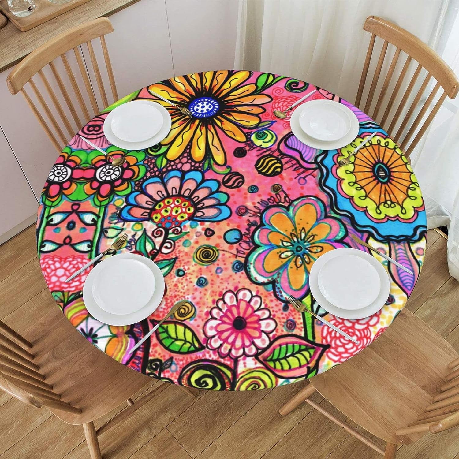 Hippie Art Flower Doodles Tablecloth with Elastic Edge, Round Table ...