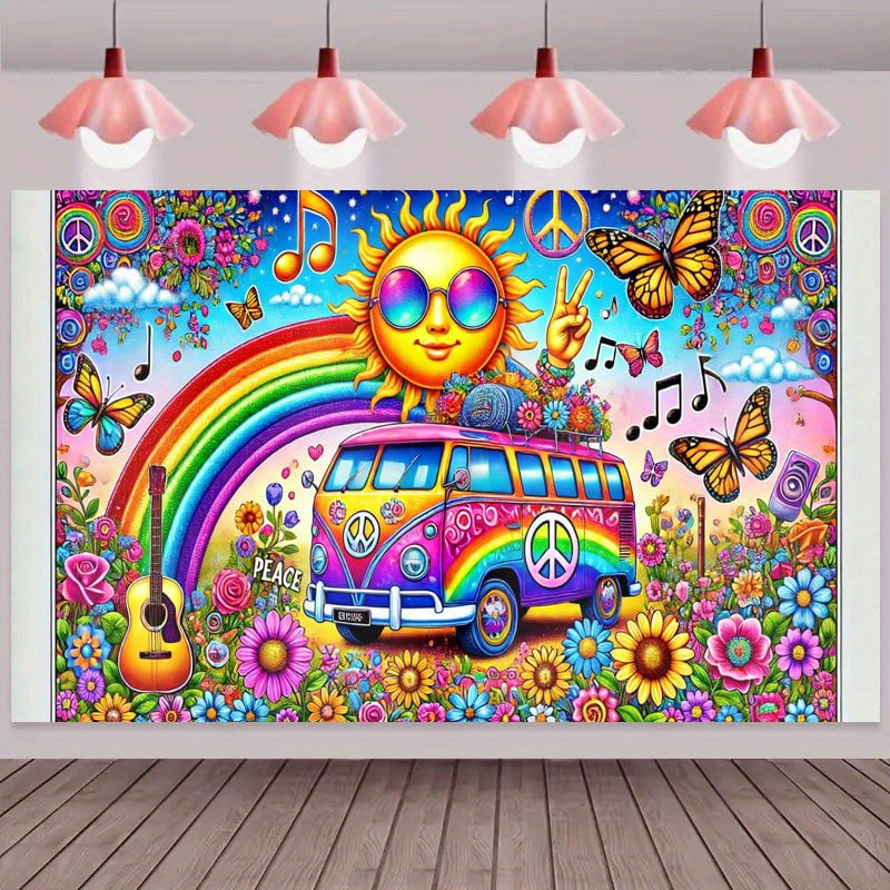 Hippie Bus Backdrop Colorful Floral Rainbow Painting Car Photography ...