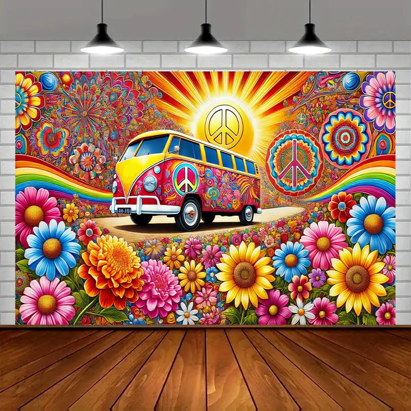Hippie Bus Backdrop Colorful Flowers Photography Background Colorful ...