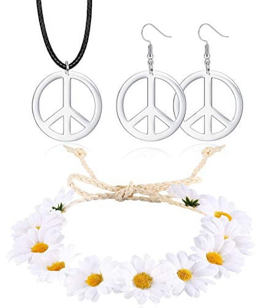 Hippie Costume Set, Peace Sign Necklace, Peace Sign Earrings, Flower Crown Headband, 1960s 1970s ...