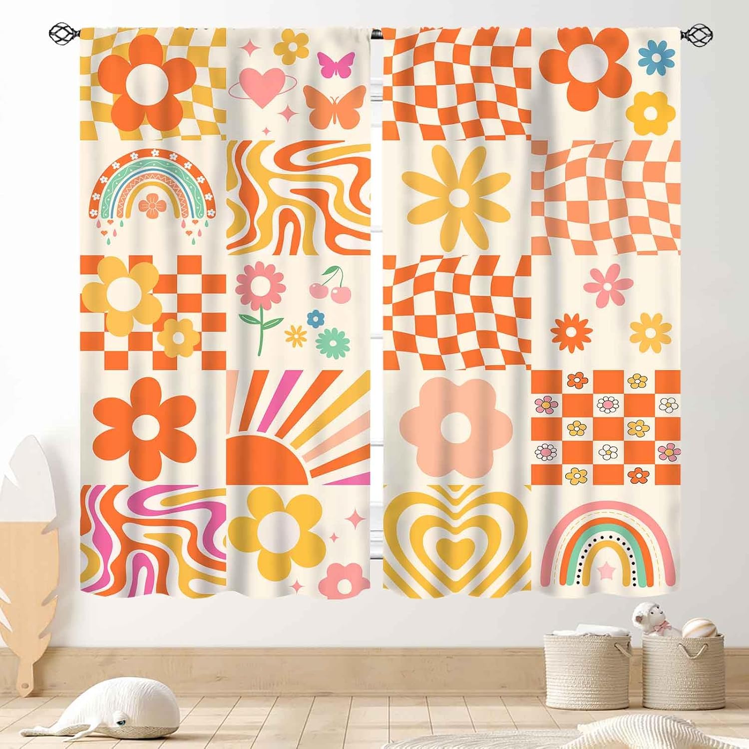 Hippie Curtains 70s Floral Window Curtains, Retro Funky 60S 70S Orange Checkerboard Aesthetic ...