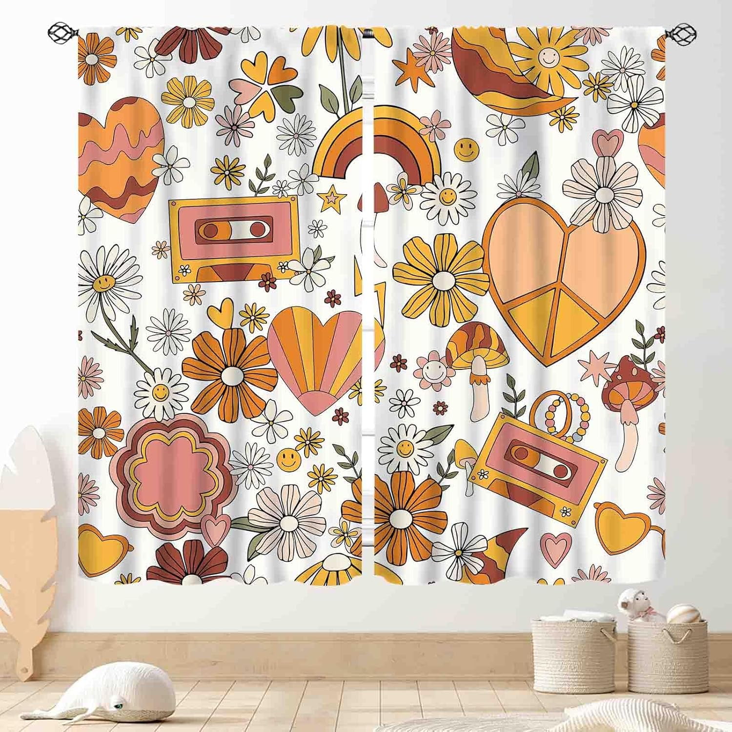 Hippie Curtains, 70s Retro Orange Floral Boho Rainbow Groovy Funky ...