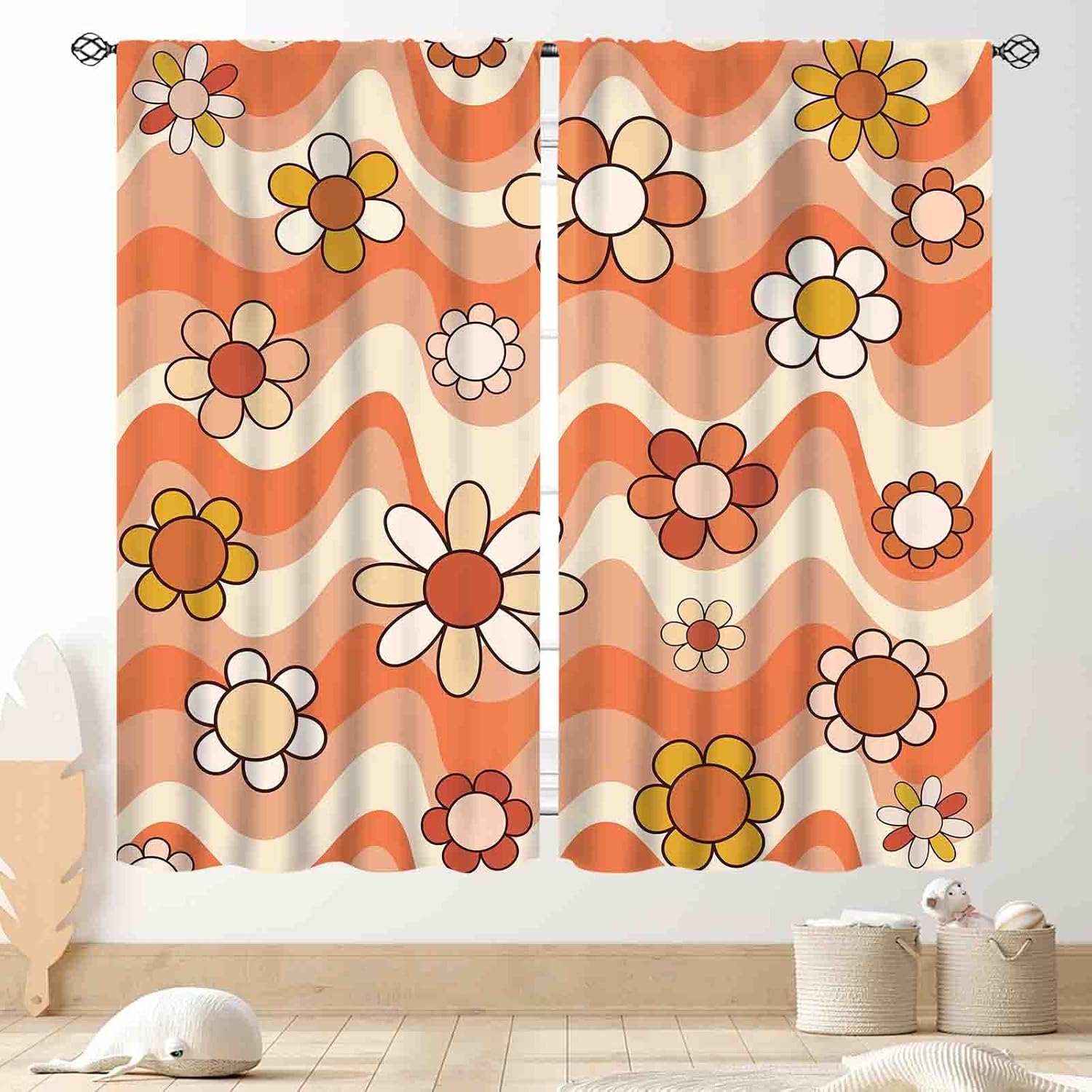 Hippie Curtains, Retro Orange Floral 1970s Wave Groovy Funky Floral ...