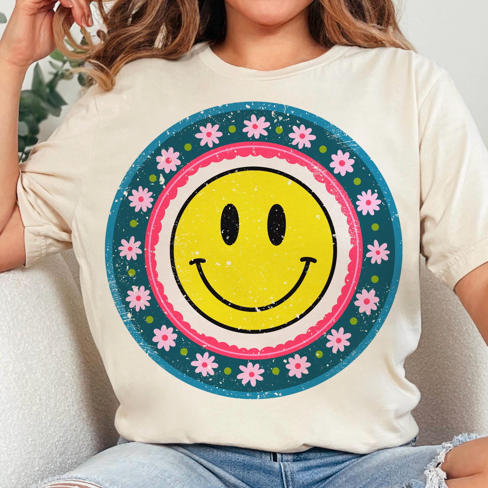 Hippie Daisy Smiley Shirt, Distressed Boho Smiley T-Shirt, Floral ...