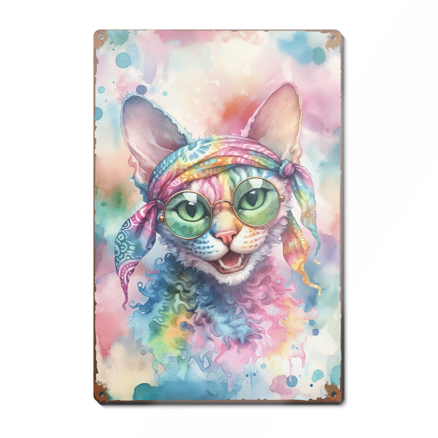 Hippie Devon Rex Portrait Watercolor Tie-Dye Vintage Styles Vertical Metal Aluminum Sign Cat ...